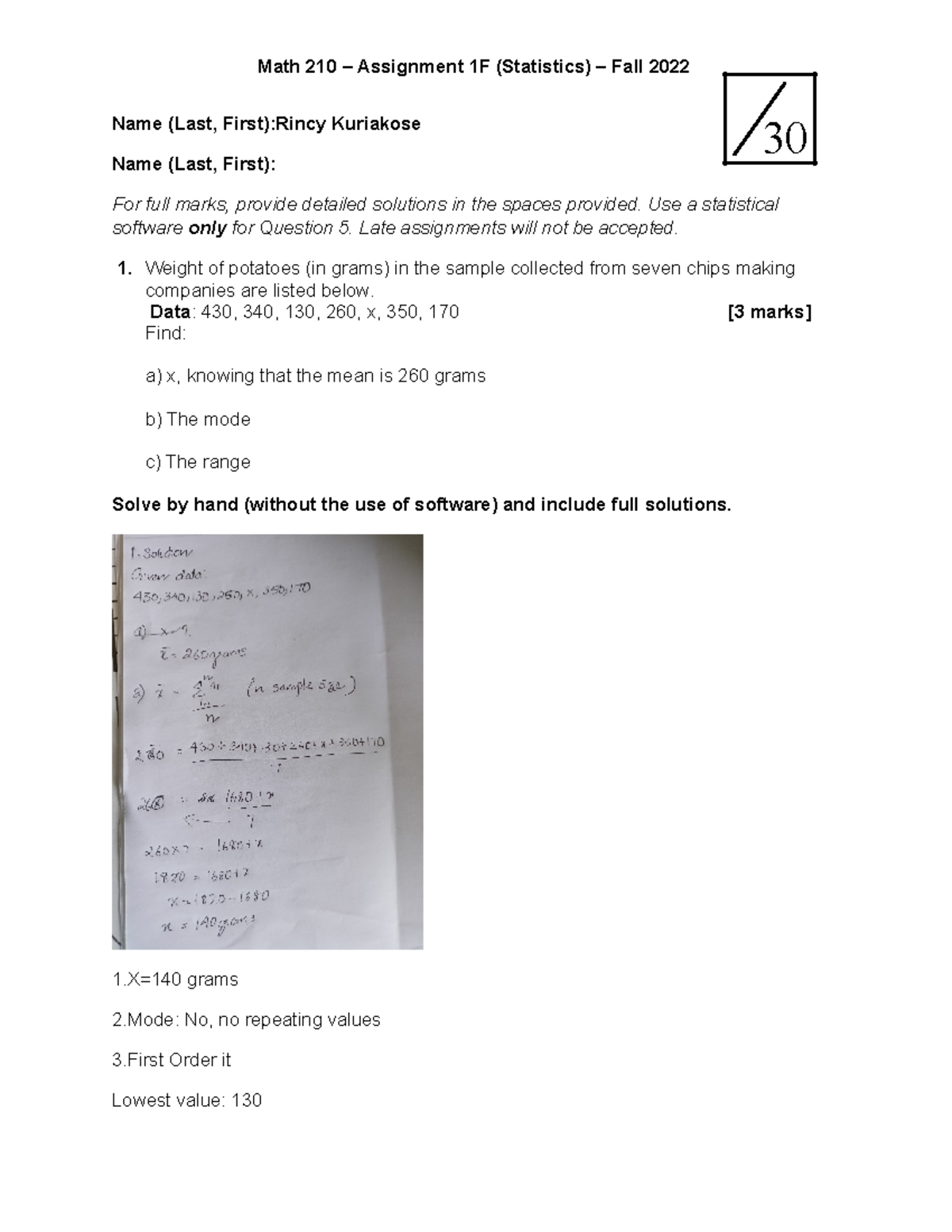 Math 210 Assignment 1f Copy Name Last First Rincy Kuriakose