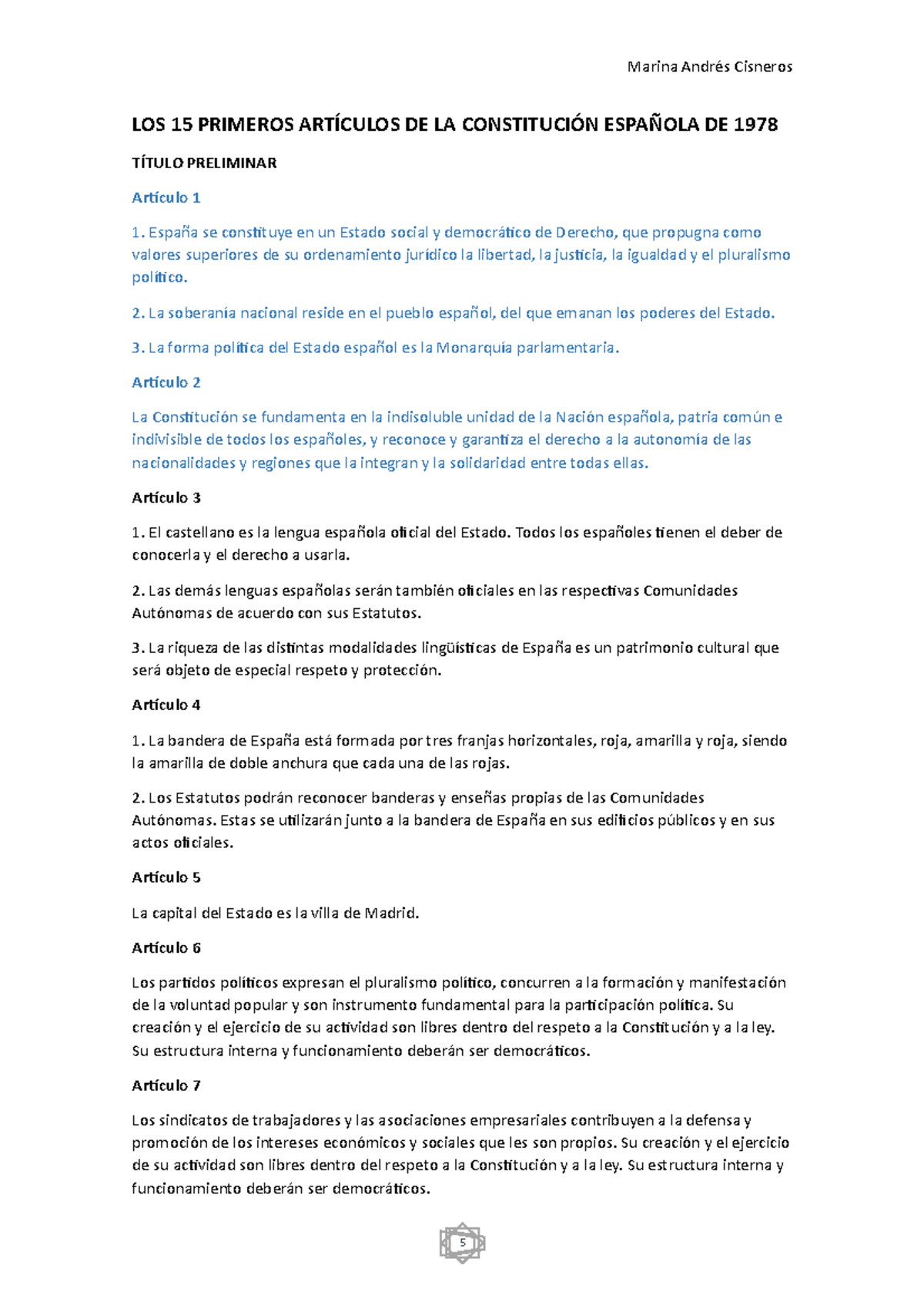 Los 15 Primeros Art culos De Constituci n Espa ola 1978 Introduccion