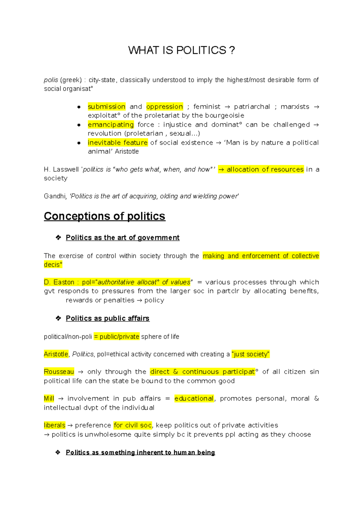 1) WHAT IS Politics - Lecture notes 1 - WHAT IS POLITICS? polis (greek ...