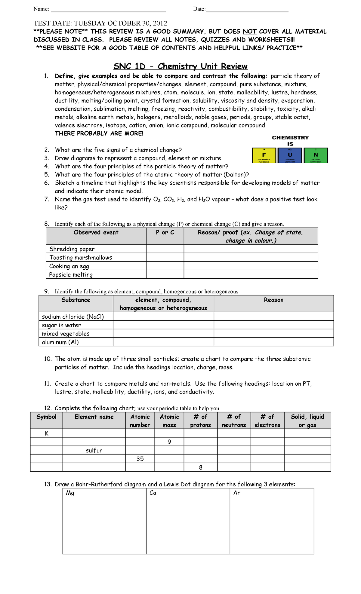 Chemistry unit review 2012 - Name ...