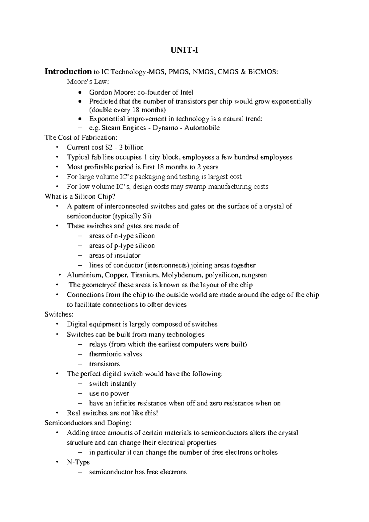 VLSI Notes UNIT 1 - UNIT-I Introduction to IC Technology-MOS, PMOS ...