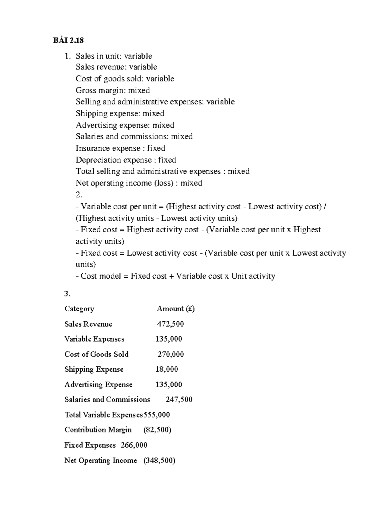 2 - Ktqt - BÀI 2. 1. Sales in unit: variable Sales revenue: variable ...
