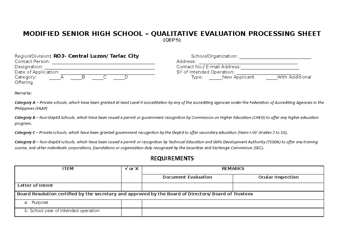 Modified-QEPS - list of requirements - MODIFIED SENIOR HIGH SCHOOL ...