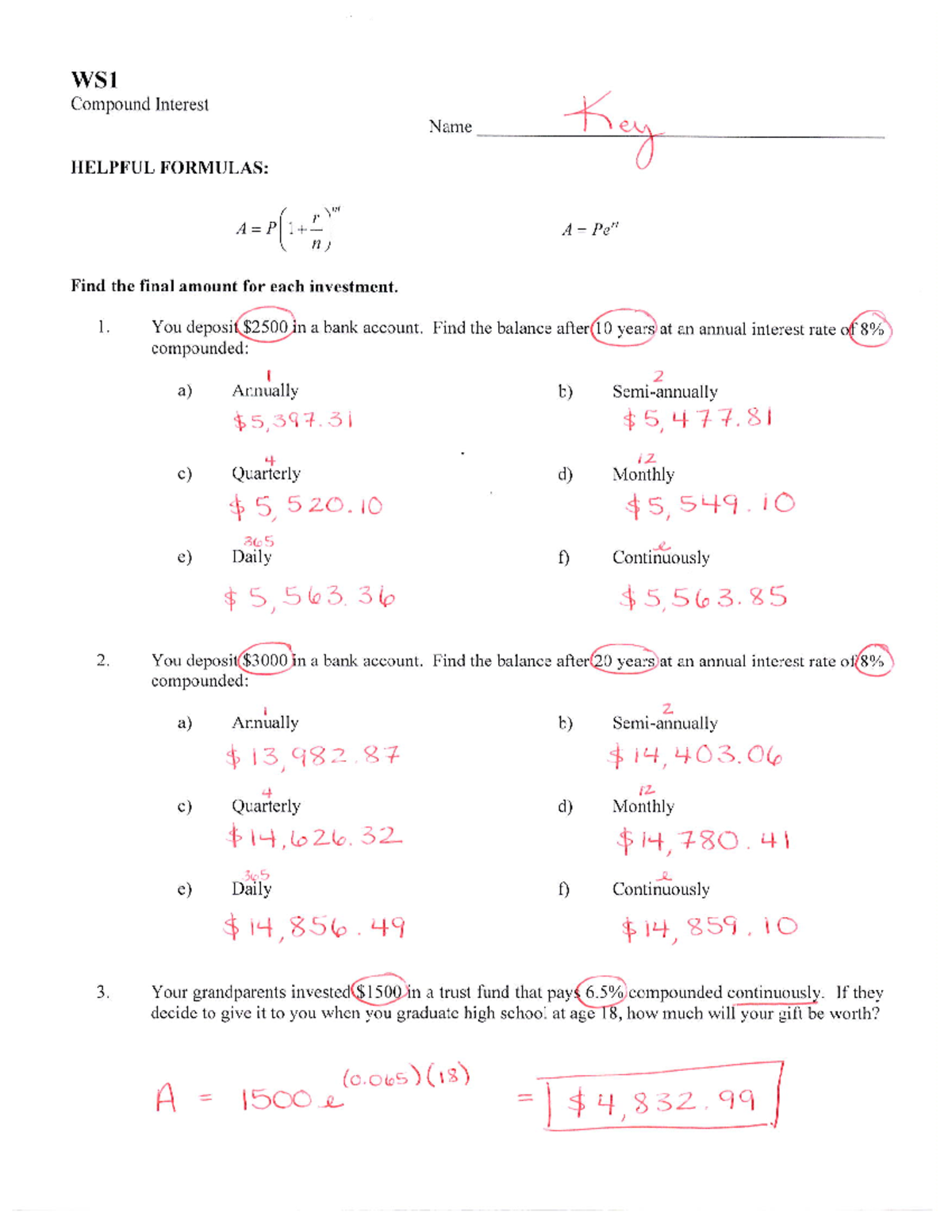 Exponential Applications Day2 HW KEY - WS1 Compound Interest Name Key ...
