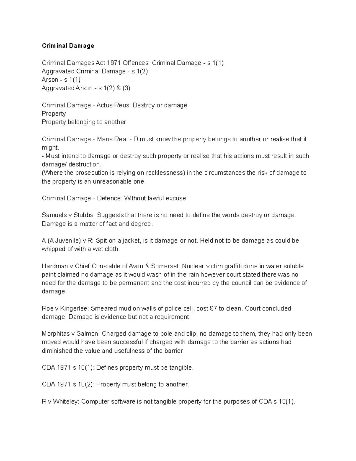 Criminal Damage notes - Criminal Damage Criminal Damages Act 1971 ...