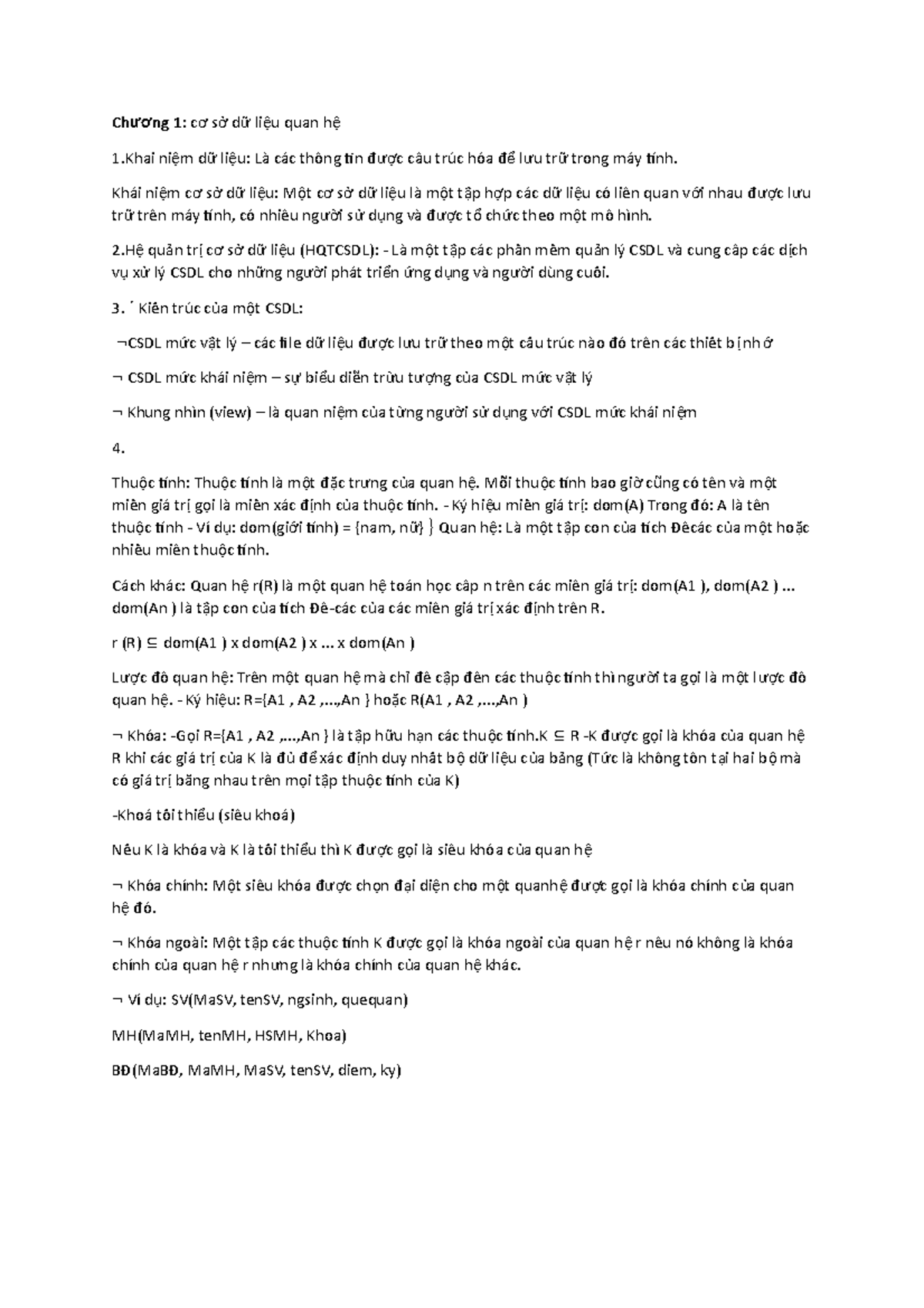ôn tập csdl - dsfsd - Ch ương 1 : c ơ s ở d ữ li u quan hệ ệ 1 ni m dệ ữ li u:ệ Là các thông tn ...