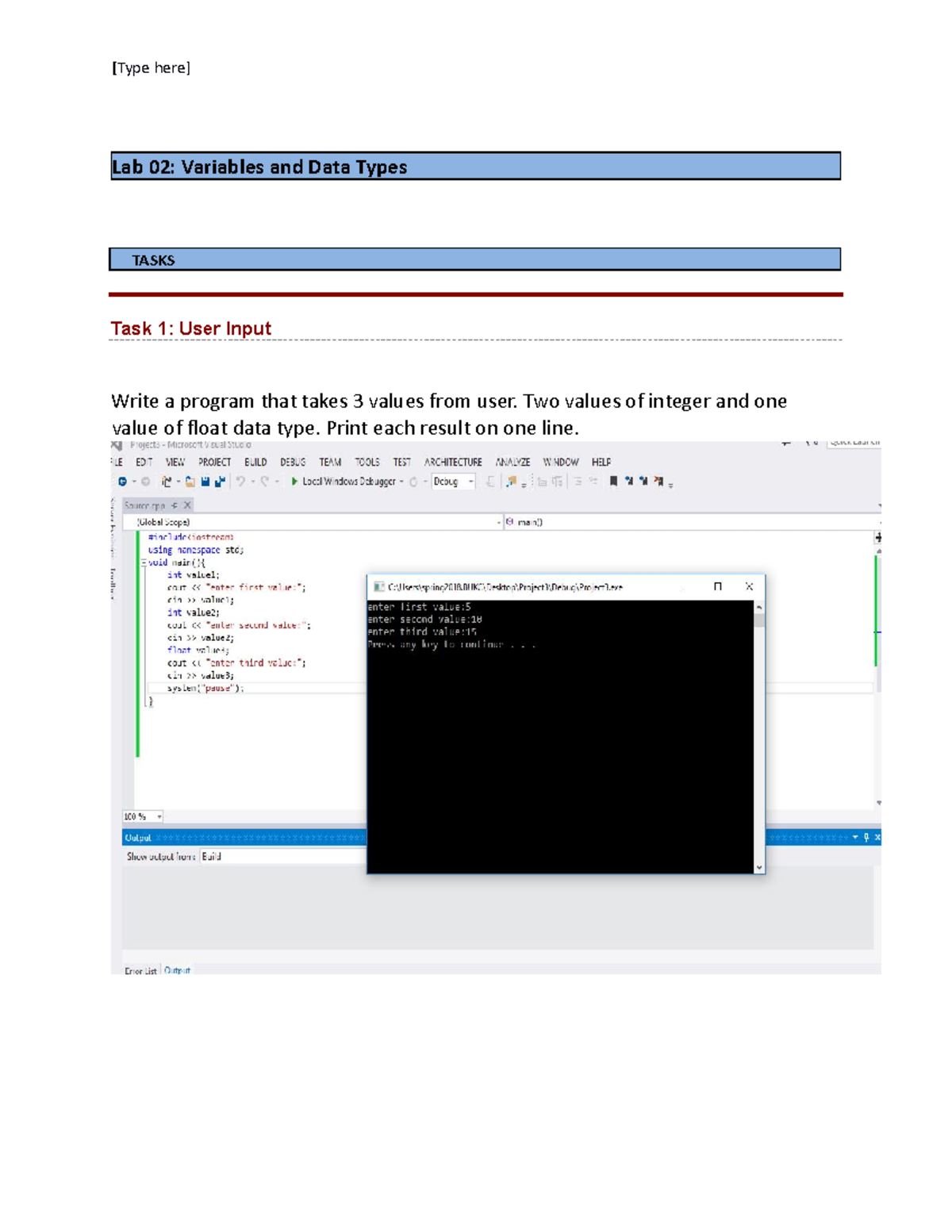 Lab 02 Tasks 15032022 011847 pm - Lab 02: Variables and Data Types TASKS Task 1: User Input ...