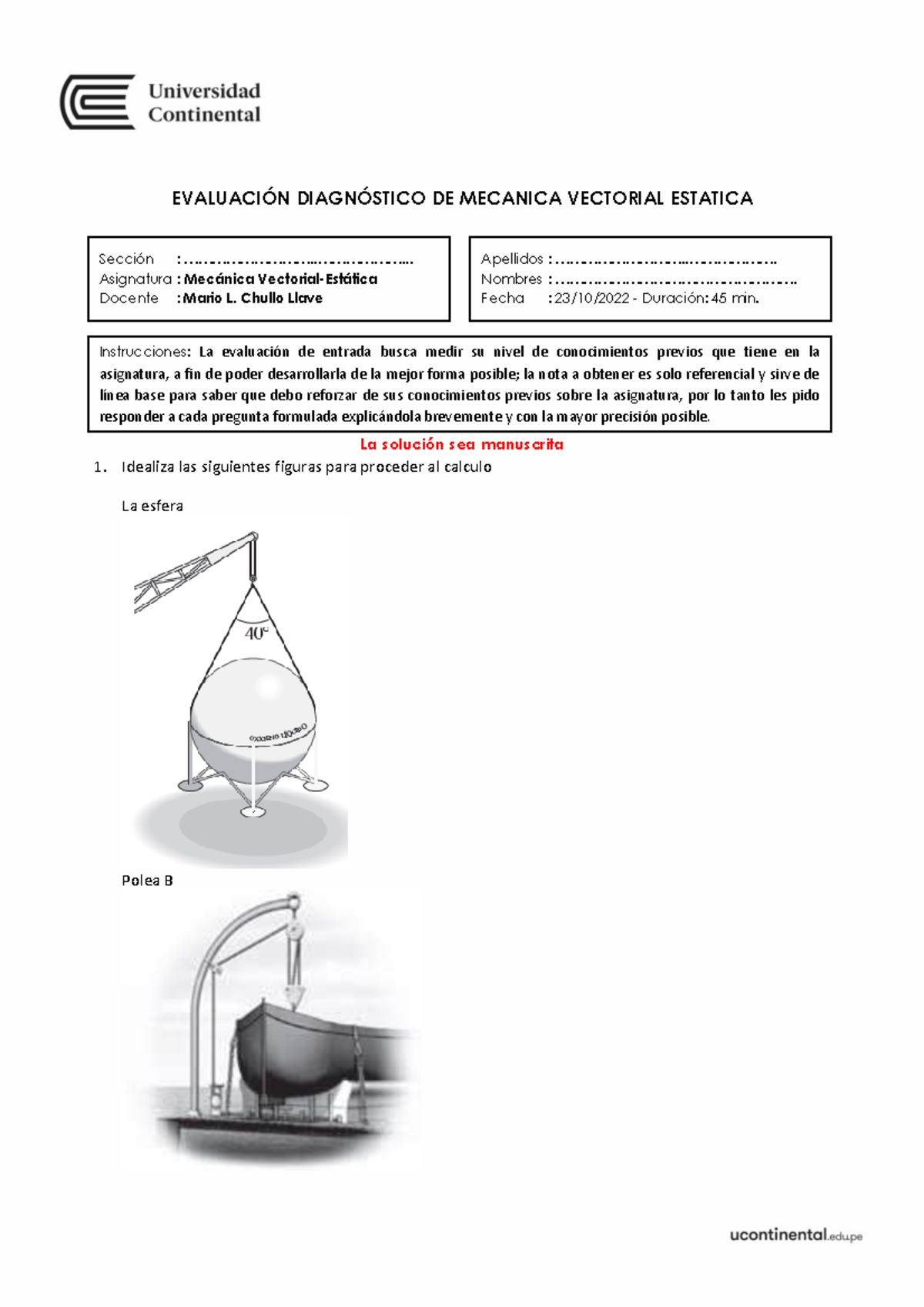 Evaluacion diagnostico - Mecanica vectorial Estatica - EVALUACI”N DIAGN”STICO DE MECANICA ...