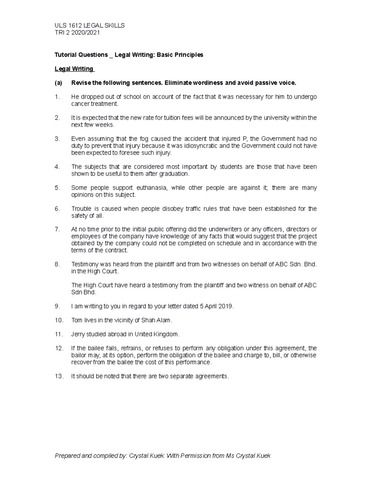 363701 Tutorial Questions Topic 4 Legal Writing - ULS 1612 LEGAL SKILLS ...