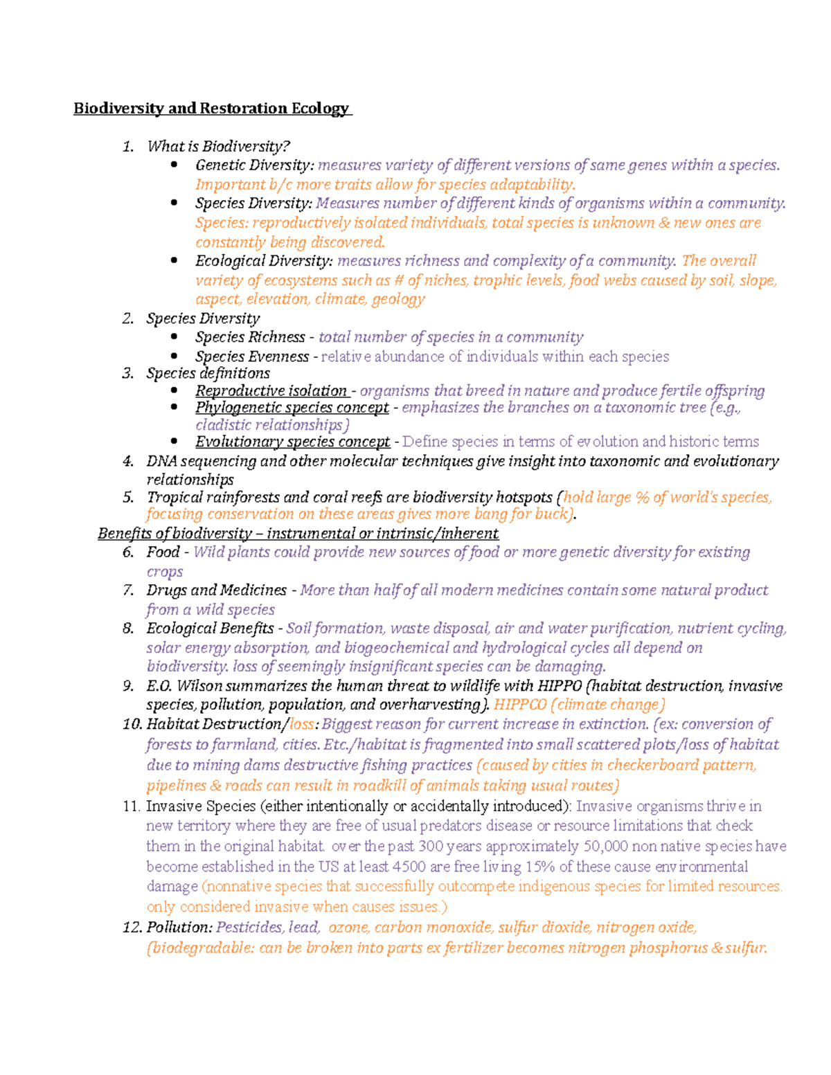 Bio 220 Exam 3 Study Guide - Biodiversity and Restoration Ecology What ...