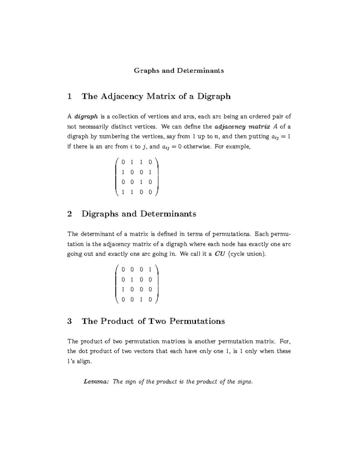 Summary 2 - graphs and determinants - Graphs and Determinants 1 The ...