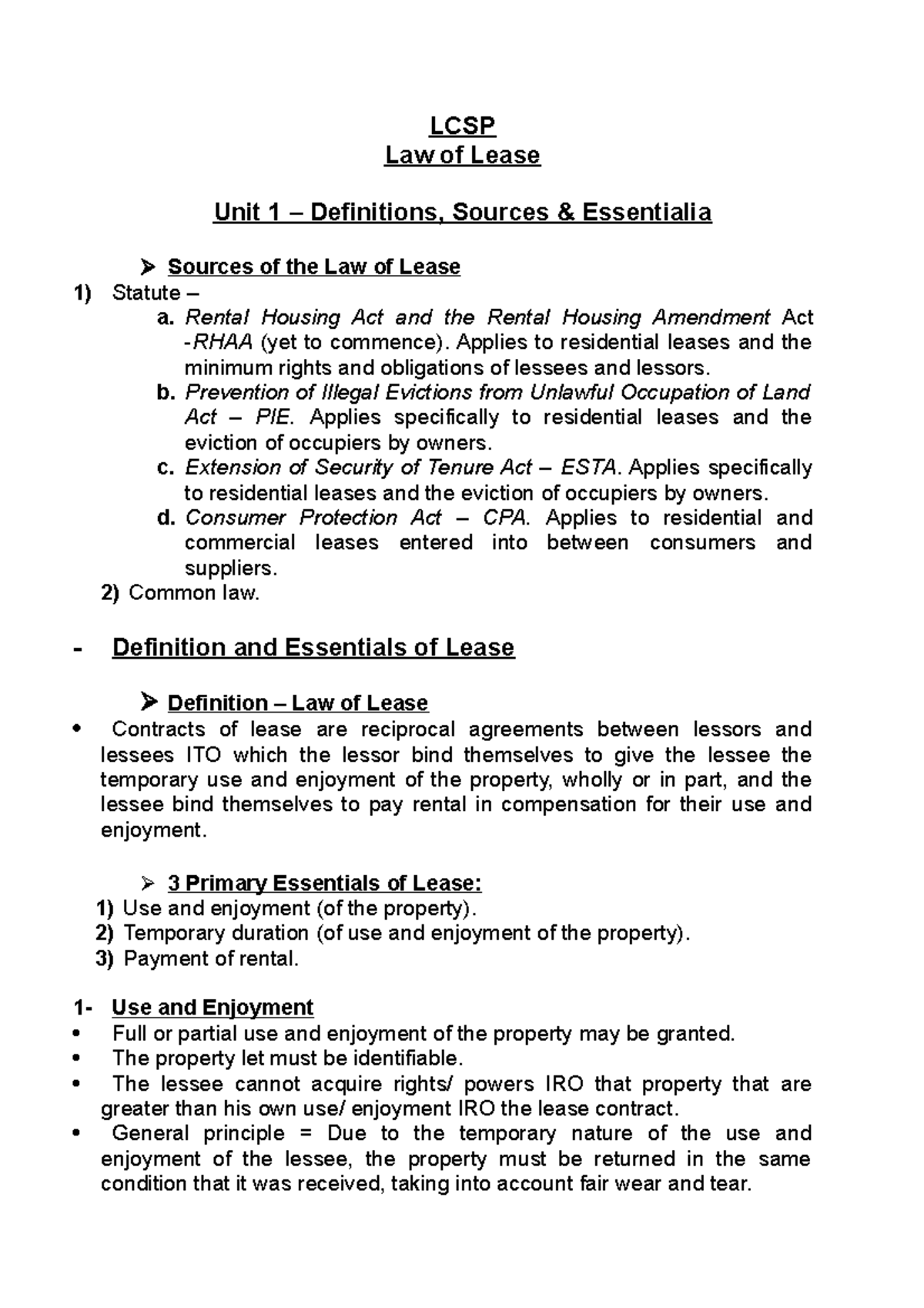 LCSP Law of Lease U1 - LCSP Law of Lease Unit 1 – Definitions, Sources ...