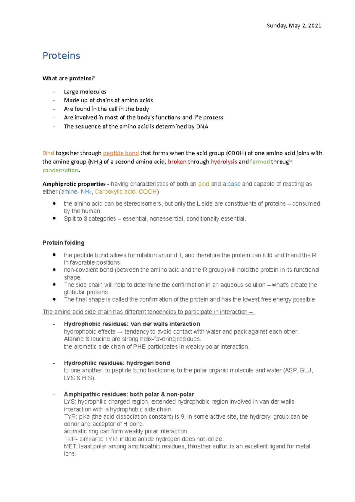 Proteins and enzyme - Biochemistry - Saturday, May 4, 2019 Proteins ...