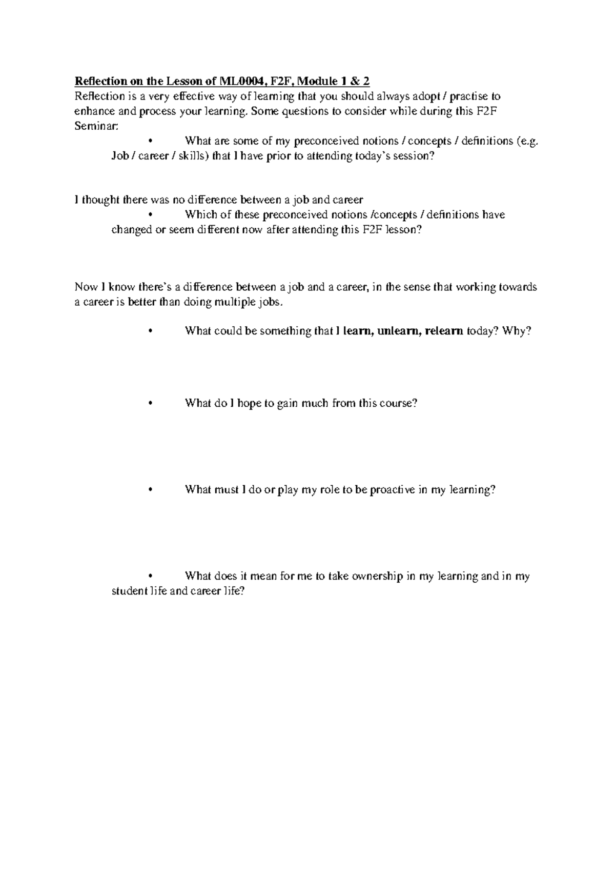 (F2F) Modules 1 & 2 Reflection Questions - Reflection on the Lesson of ...