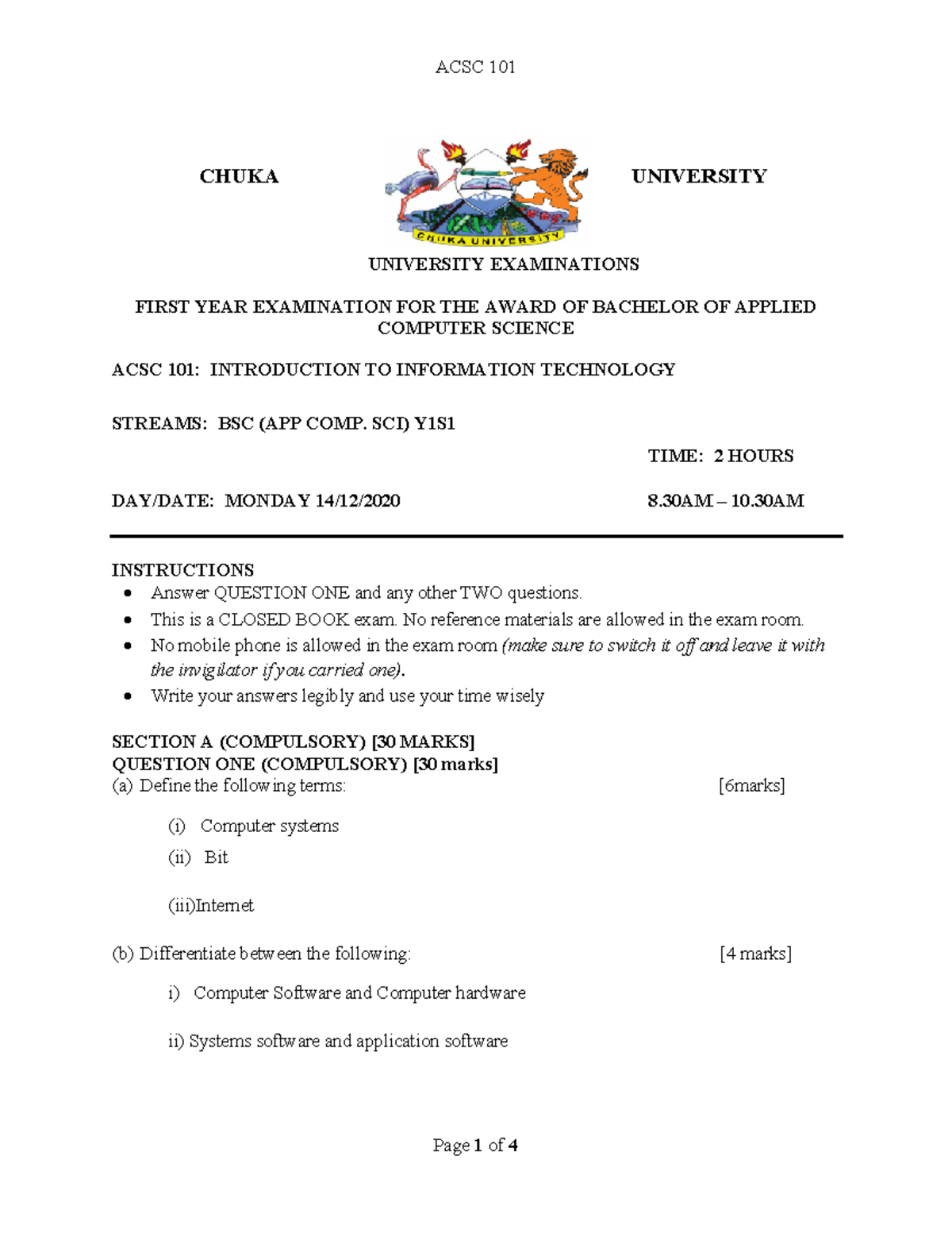 ACSC 101 - practice question in the introductory units of applied ...