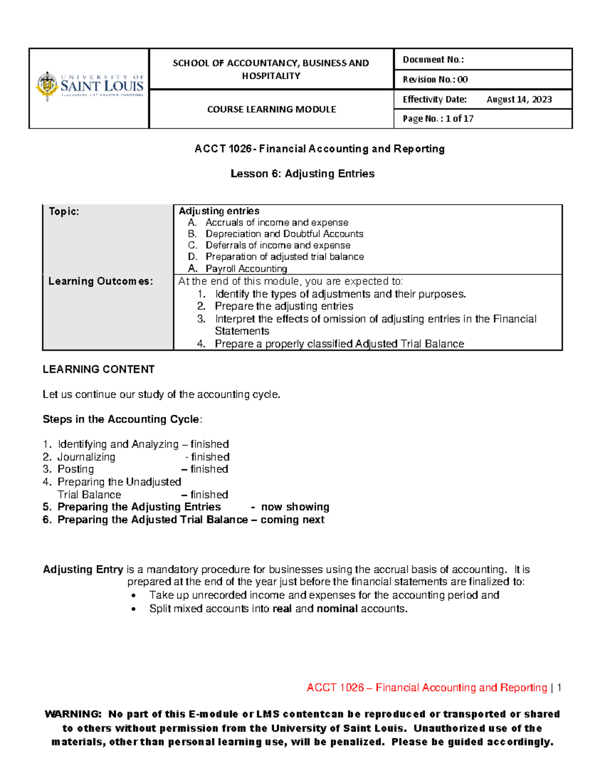Lesson 6 Adjusting Entries - SCHOOL OF ACCOUNTANCY, BUSINESS AND ...