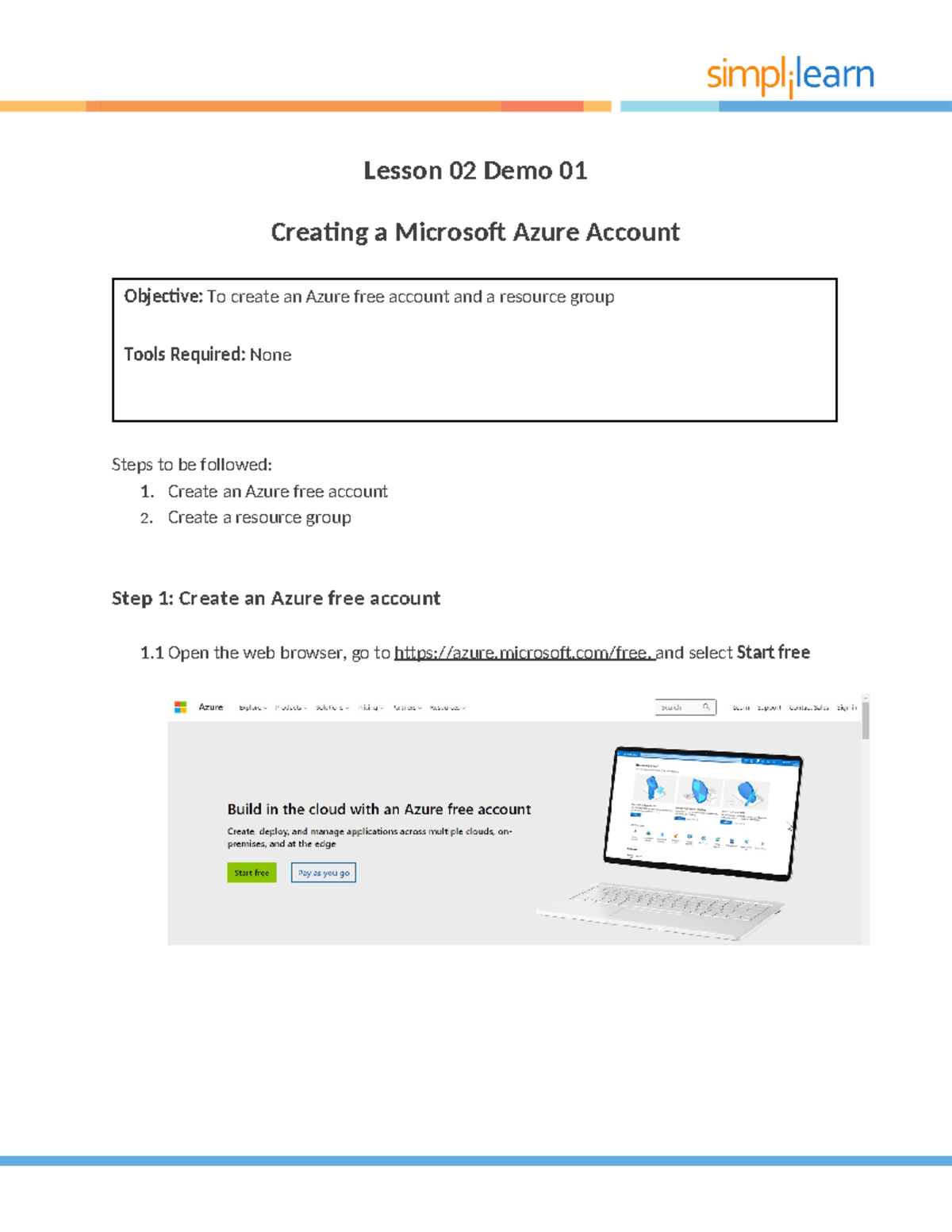 Demo 01 Creating a Microsoft Azure Account - Create an Azure free account 2. Create a resource ...