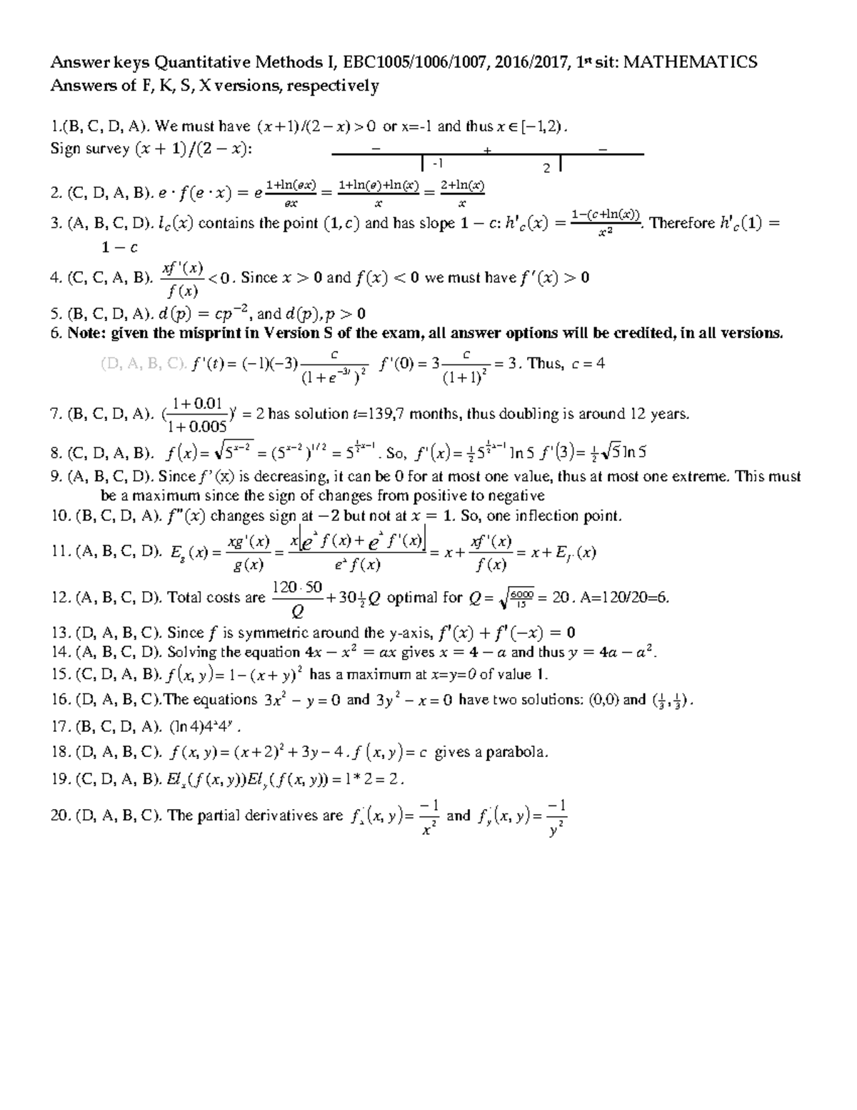 QM1 1st Sit 16 Answer Key - Quantitative Methods I - Maastricht ...