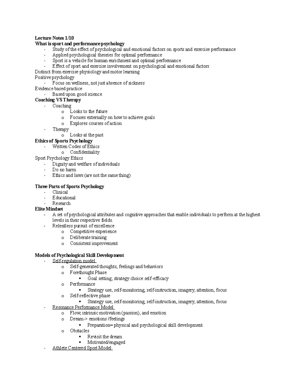Intro to Sports Psy Lecture Notes 1:10 - Lecture Notes 1/ What is sport ...