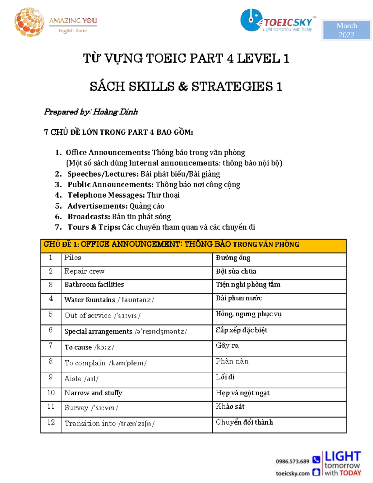Từ vựng Toeic-PART 4 Level 1 - 2022 TỪ VỰNG TOEIC PART 4 LEVEL 1 SÁCH ...