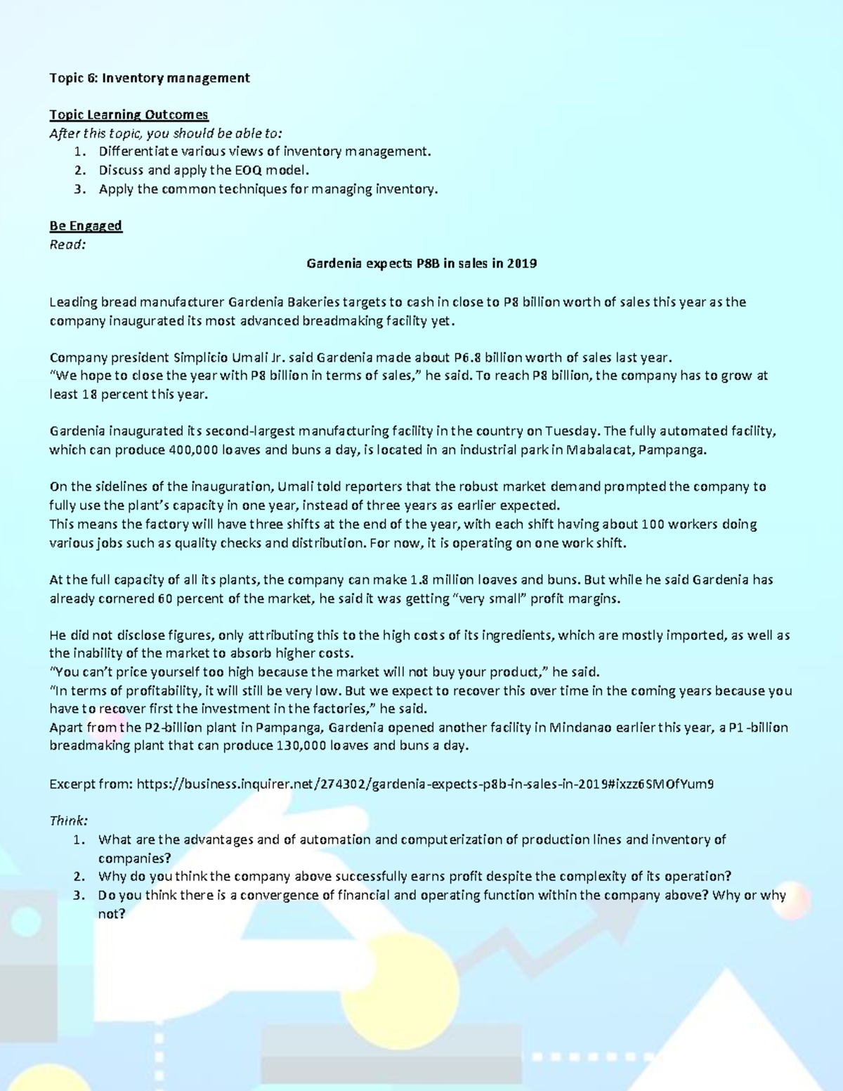 6-Inventory-management lecture notes - Topic 6: Inventory management ...