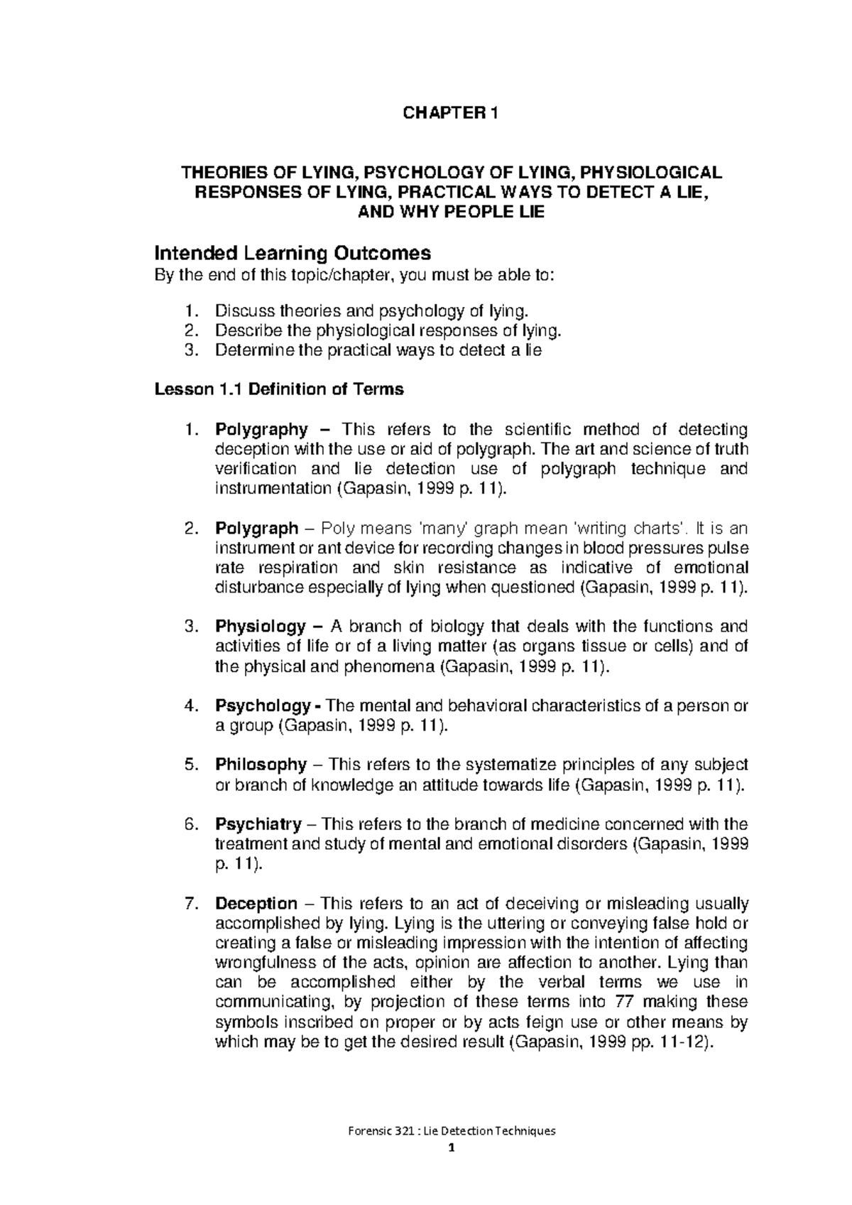 Forensic chapter 1 - Forensic 321 : Lie Detection Techniques CHAPTER 1 THEORIES OF LYING ...