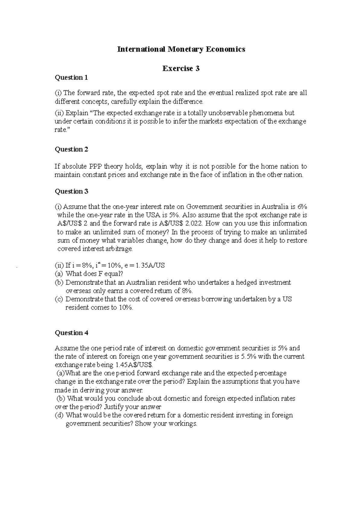 Exercise 3 - ECON1085: Intl Monetary Economics practice questions 3 ...