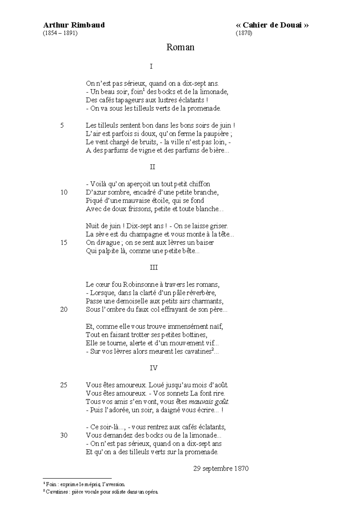 Roman Texte 3 - oui - Arthur Rimbaud « Cahier de Douai » (1854 – 1891 ...