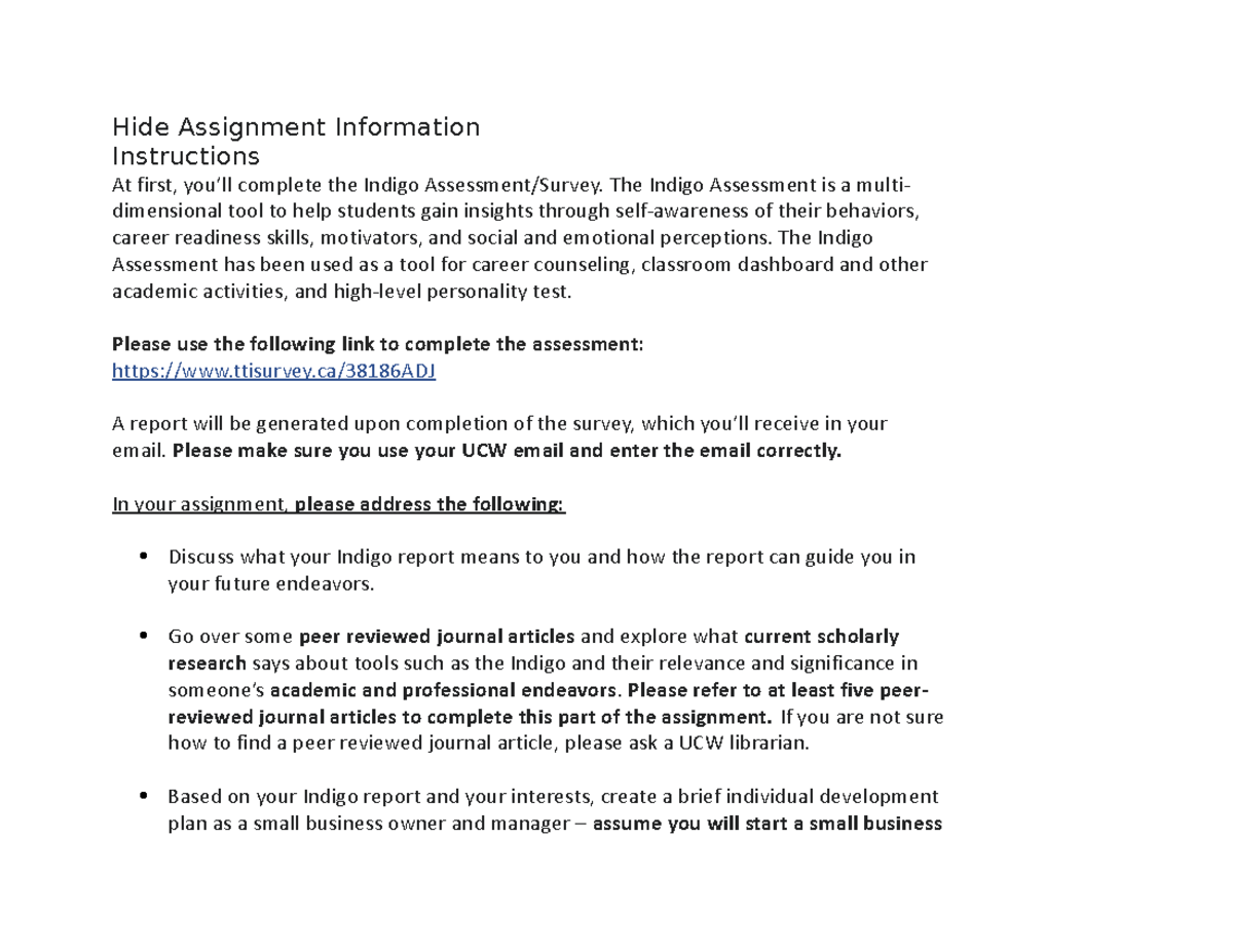 Instruction - indigo report - Hide Assignment Information Instructions At first, you’ll complete ...
