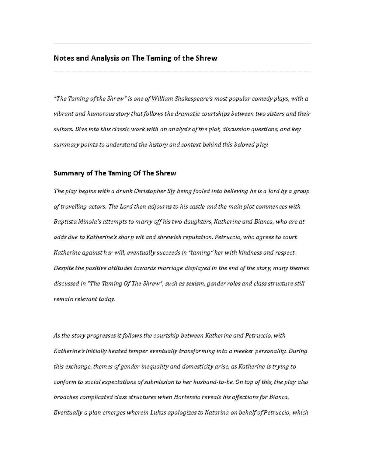 Analysis on the taming of the shrew - Notes and Analysis on The Taming ...