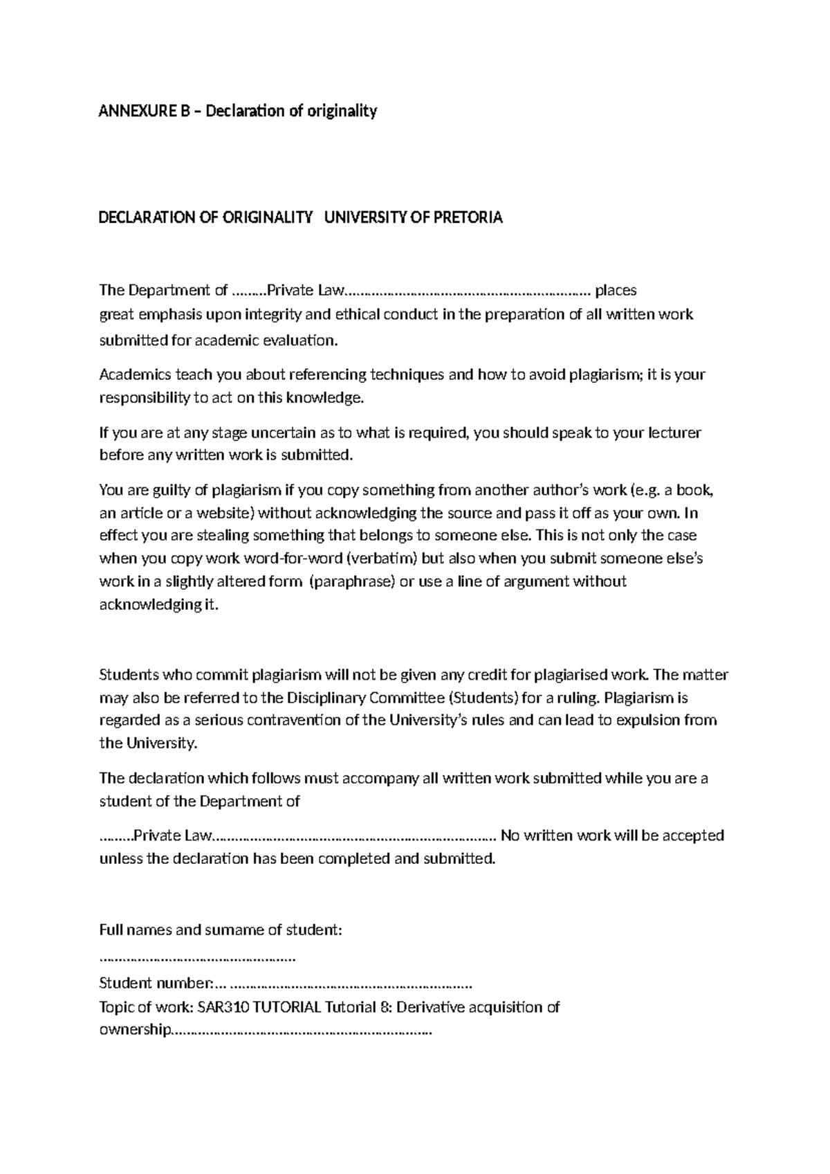 SAR 310 Tutorial 8 - ANNEXURE B – Declaration of originality ...
