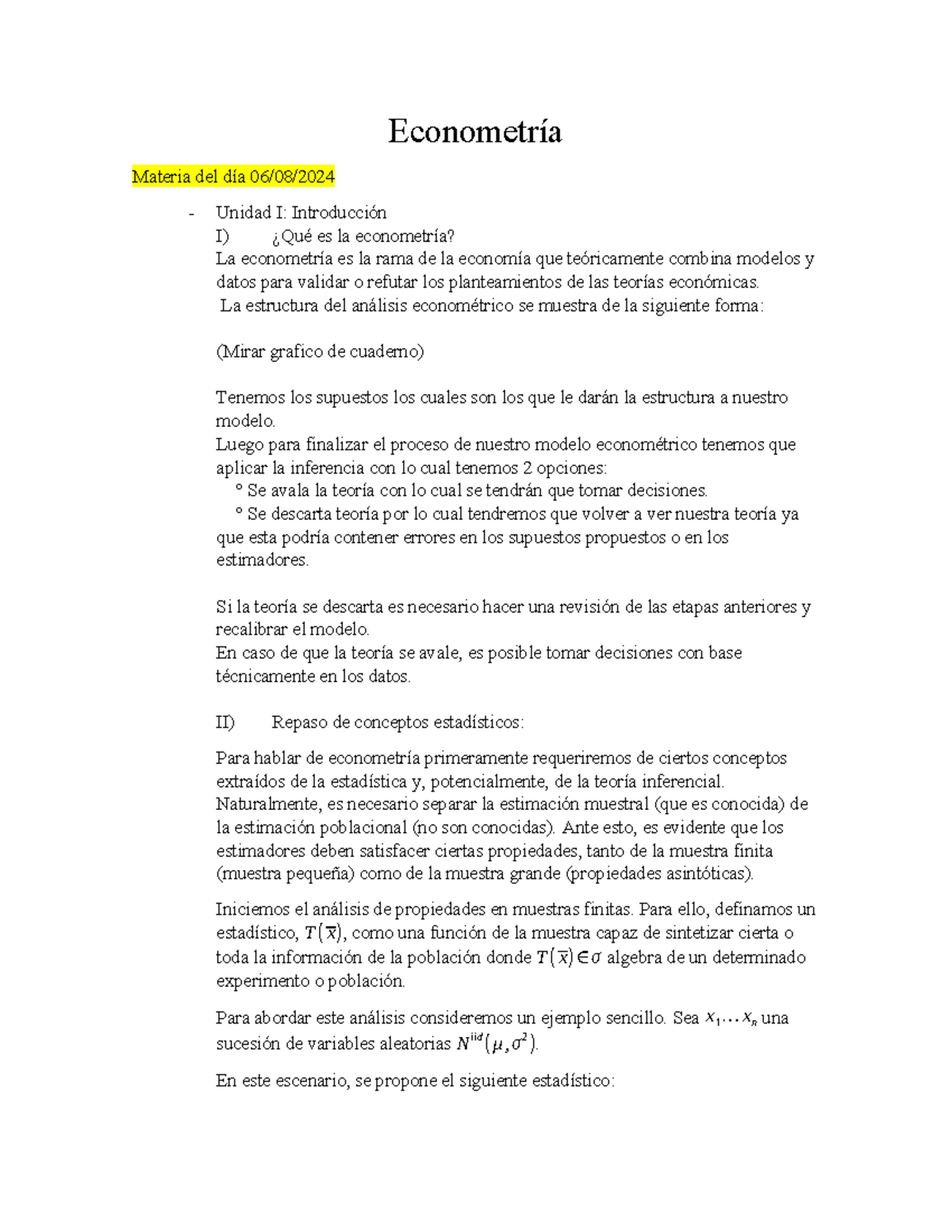 Econometría - Bases para enteder econometria, repasando estadistica II - Econometría Materia del ...