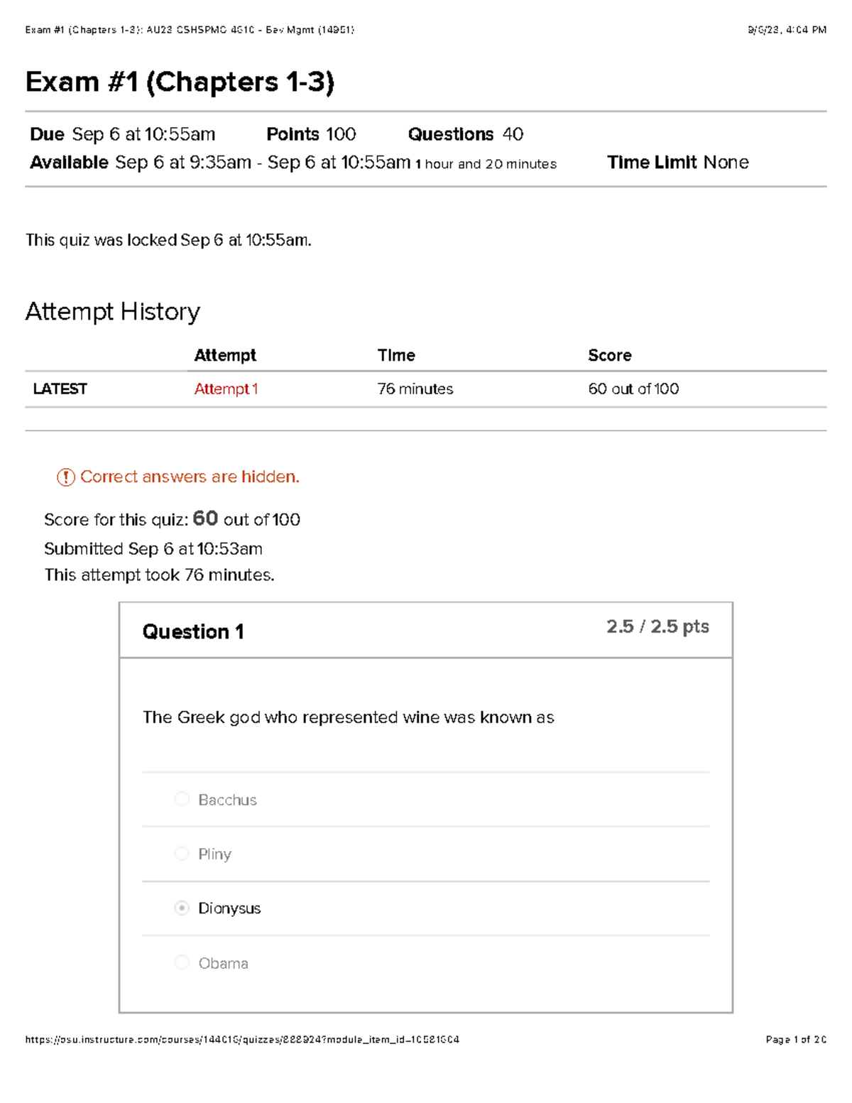 Exam #1 (Chapters 1-3): AU23 Cshspmg 4610 - Bev Mgmt (14951) - Exam #1 ...