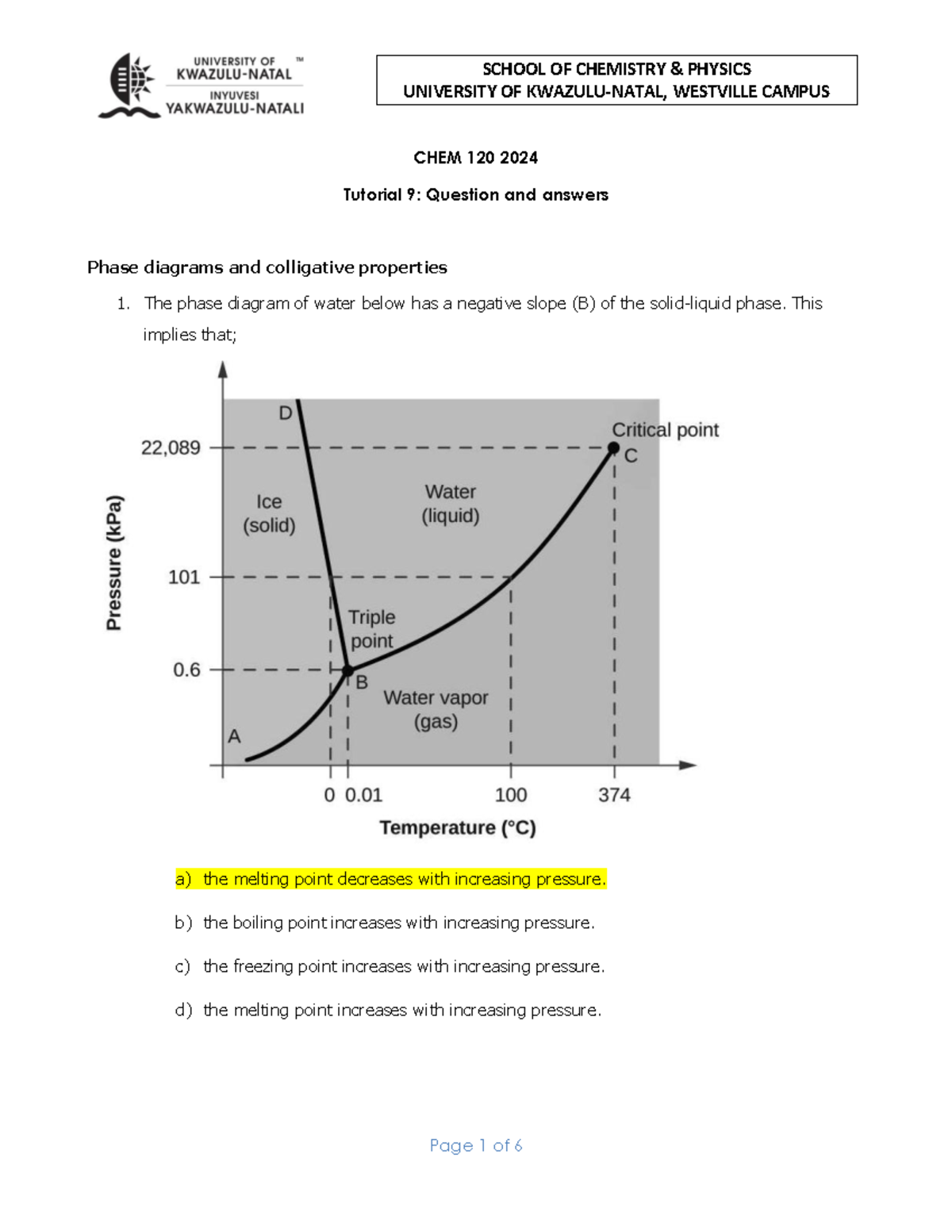 Tutorial 9 answers - UNIVERSITY OF KWAZULU-NATAL, WESTVILLE CAMPUS CHEM ...