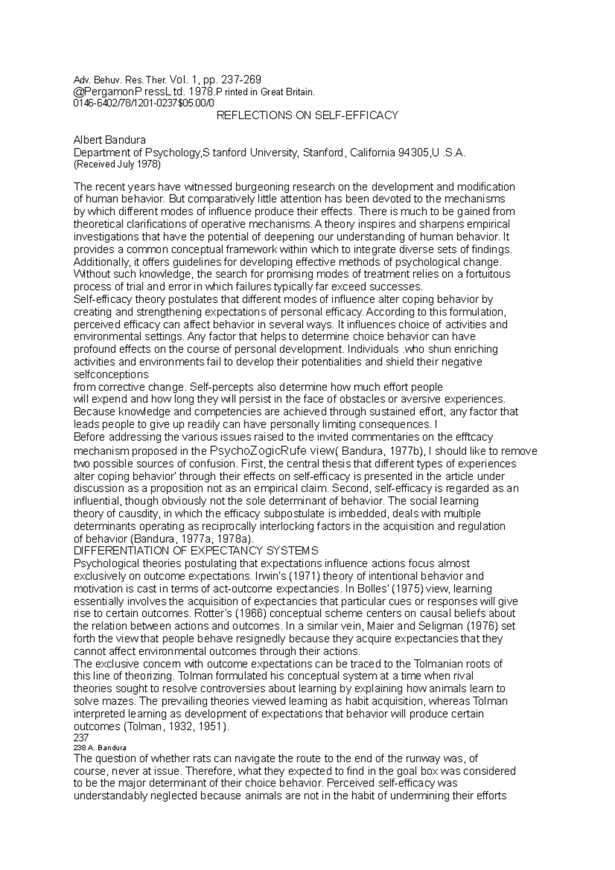 Reflections ON SELF- Efficacy - Adv. Behuv. Res. Ther. Vol. 1, pp. 237 ...