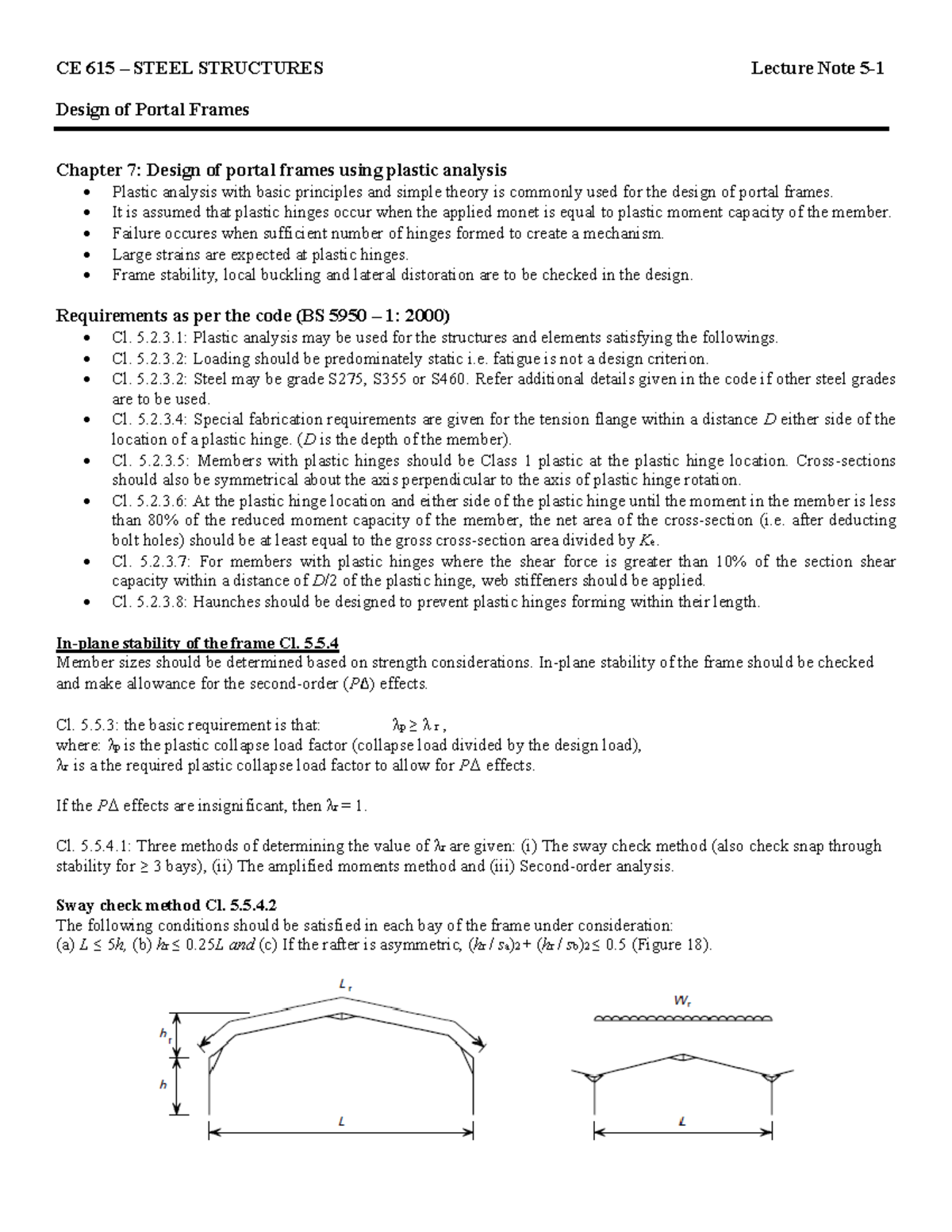 CE 615 Steel Structures 7A -Design of Portal Frames - CE 615 – STEEL STRUCTURES Lecture Note 5 ...
