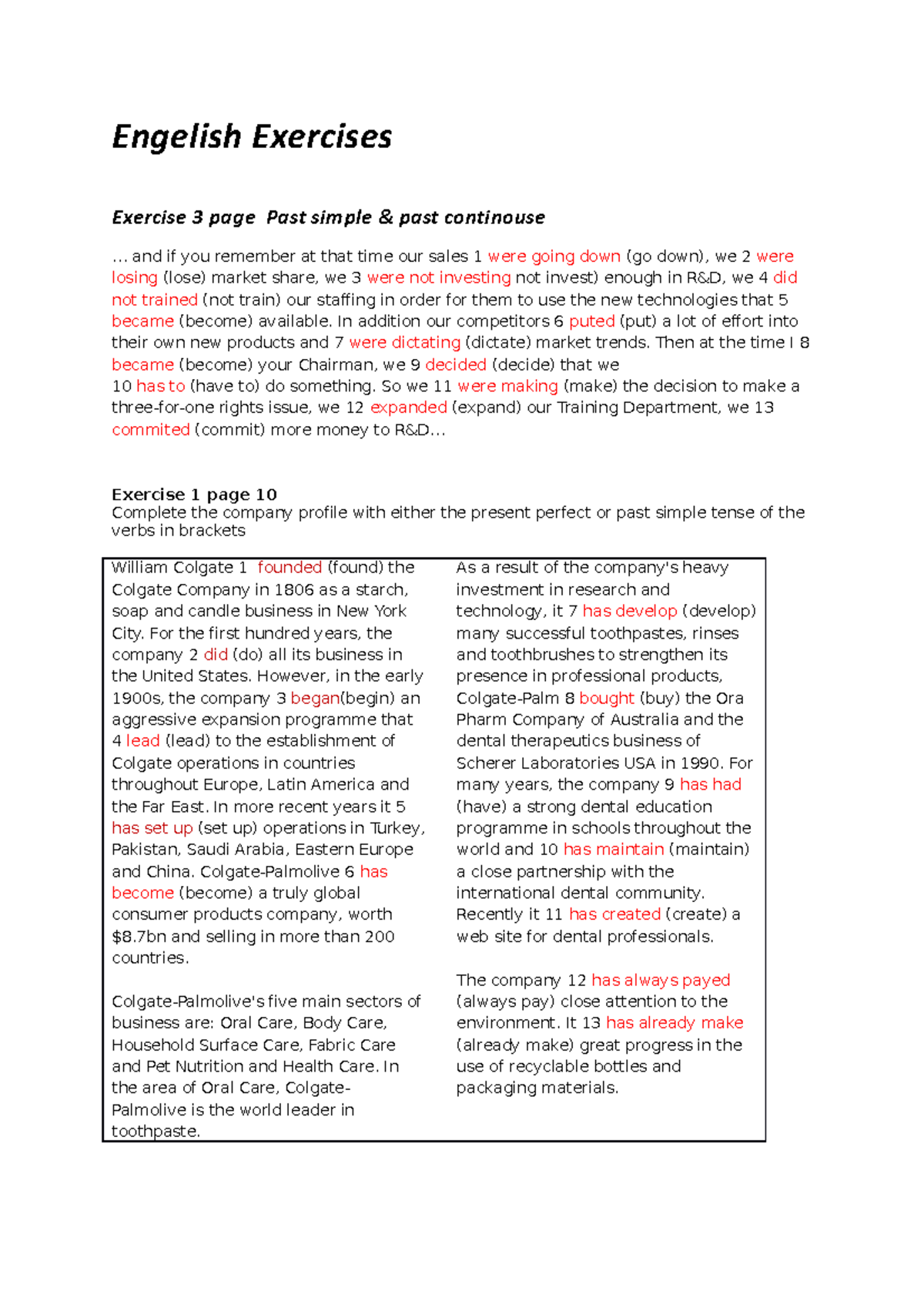 English Exercises - Engelish Exercises Exercise 3 page Past simple ...