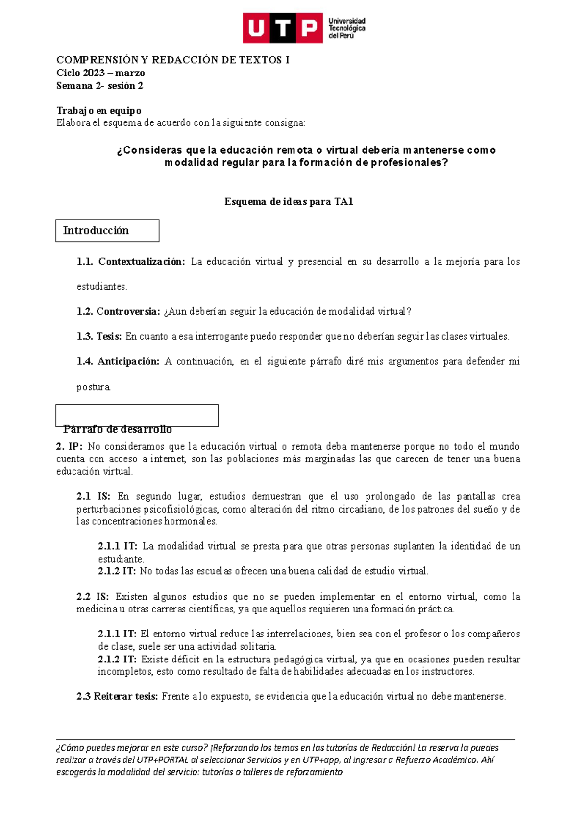 S02.s2-Esquema para TA1 - COMPRENSIÓN Y REDACCIÓN DE TEXTOS I Ciclo 2023 – marzo Semana 2 ...