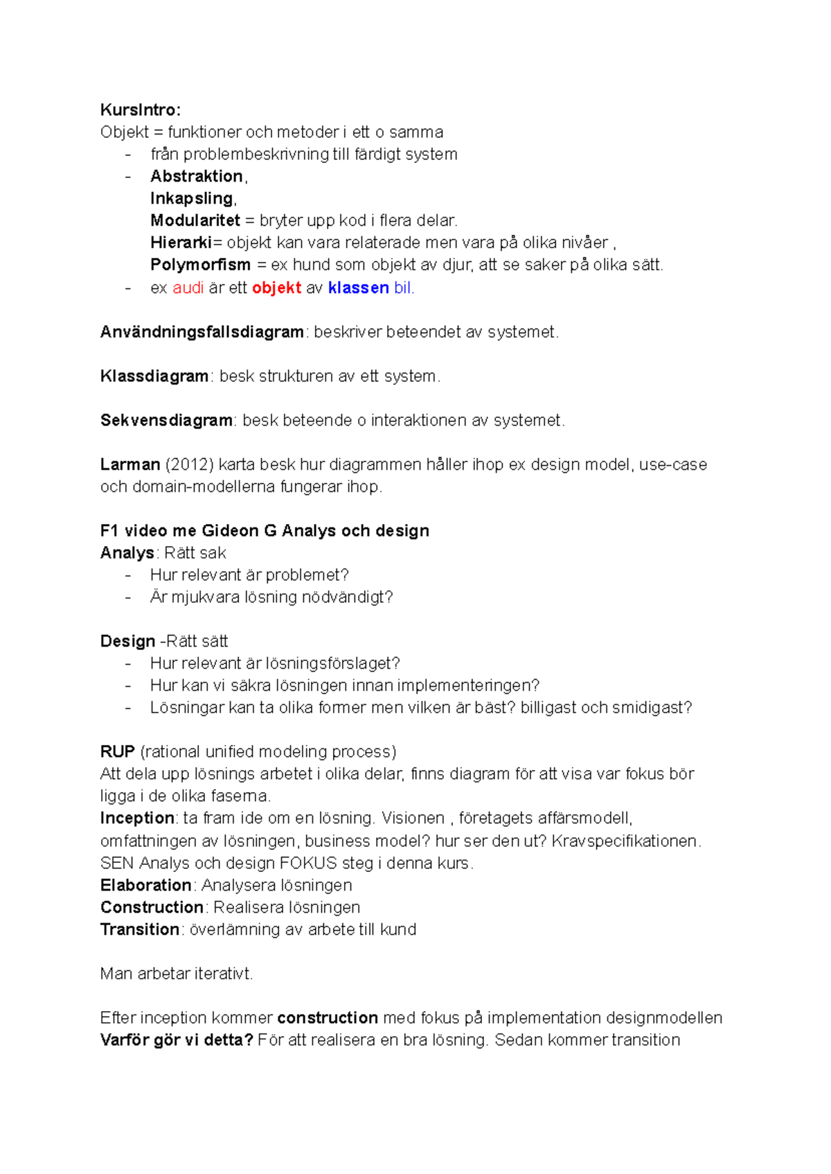 Objektorienterad systemutveckling 1 anteckningar - KursIntro: Objekt ...