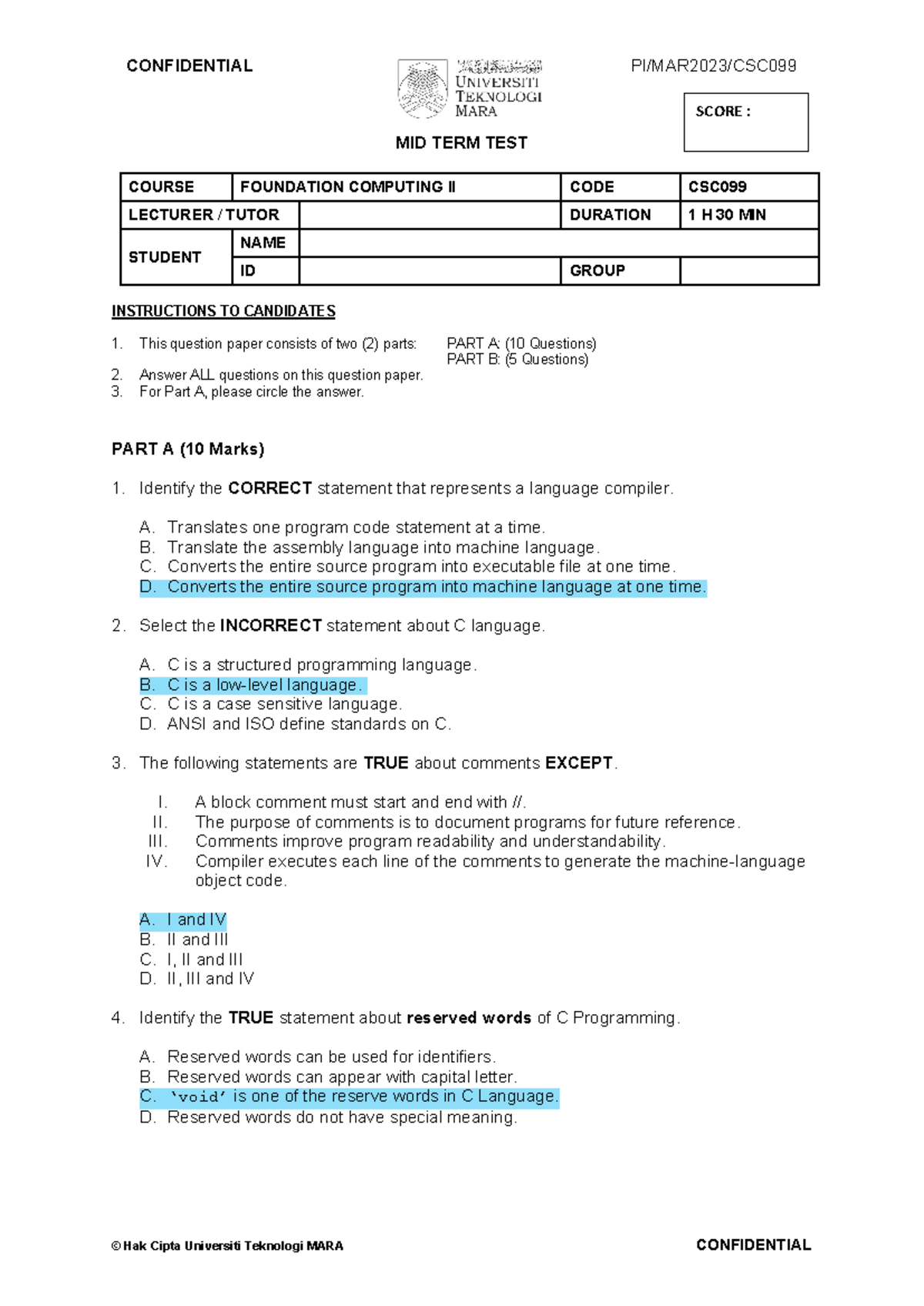 CSC099 Midterm MAR2023 - MID TERM TEST COURSE FOUNDATION COMPUTING II ...