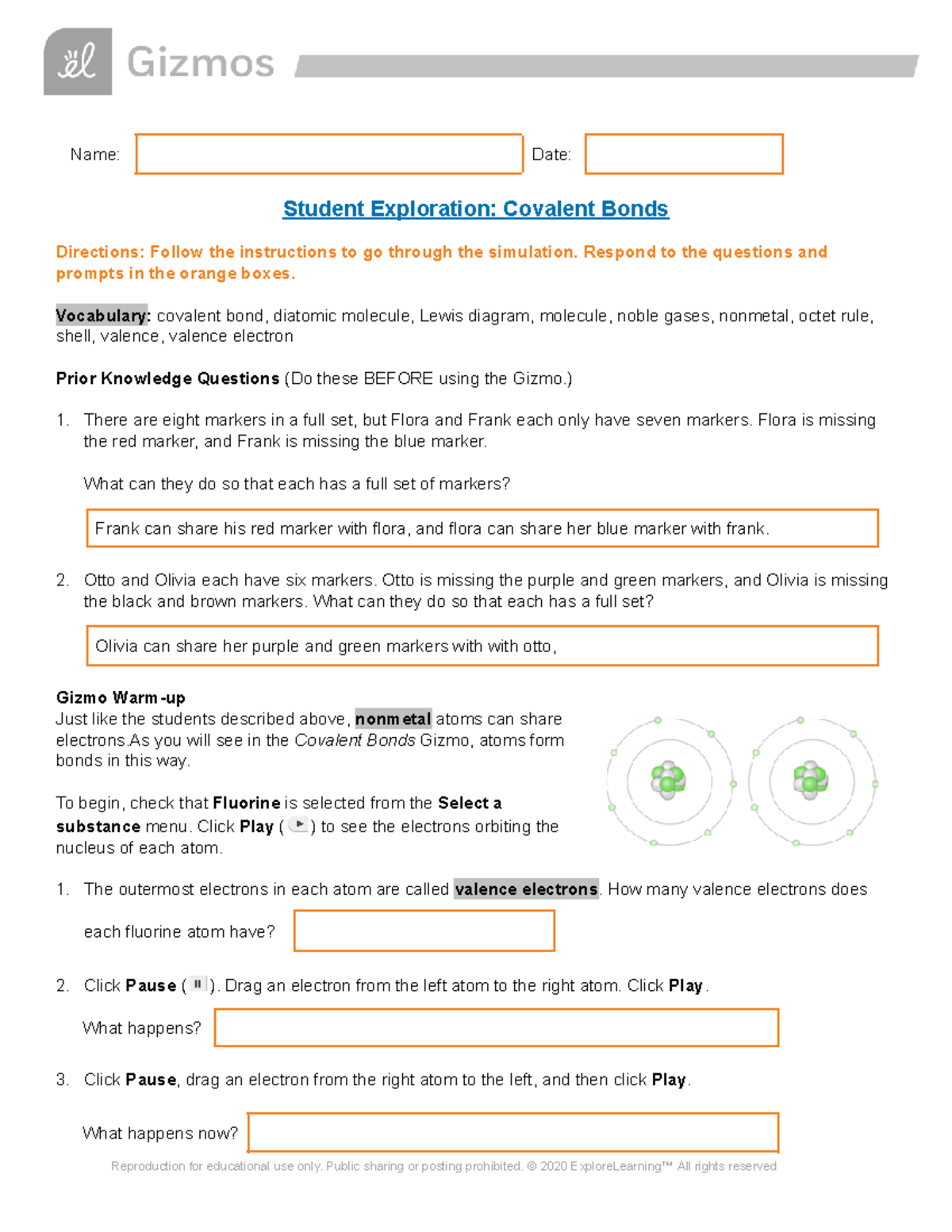 Chloe Carmichael - Covalent Bonds Gizmo - Name: Date: Student ...