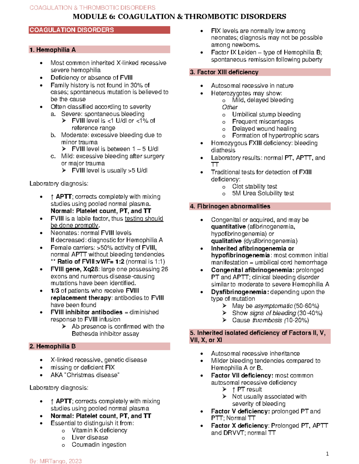 M6 Coagulation & Thrombotic Disorders - 1 MODULE 6: COAGULATION ...