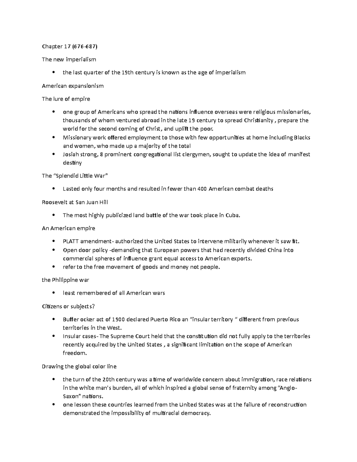 Week 4 Chapter 17 Notes - Chapter 17 (676-687) The new imperialism the ...