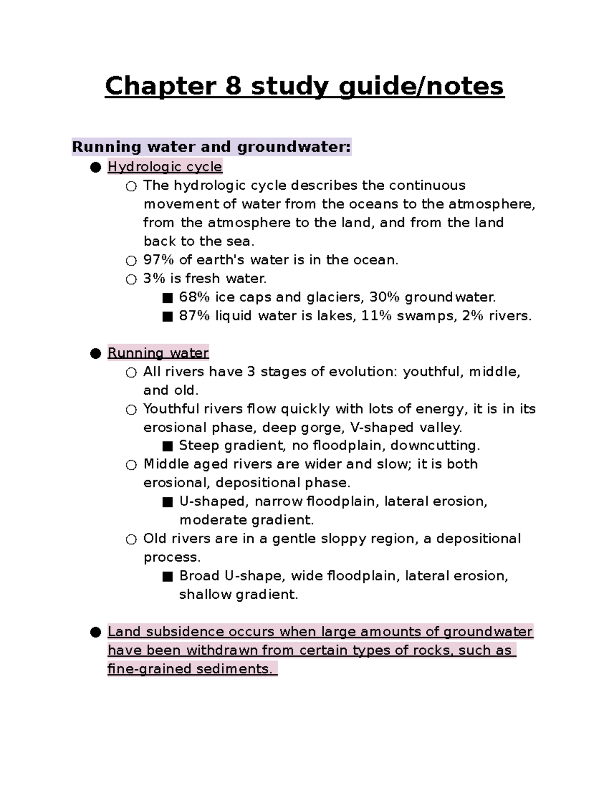 Chapter 8 notes - Chapter 8 study guide/notes Running water and ...