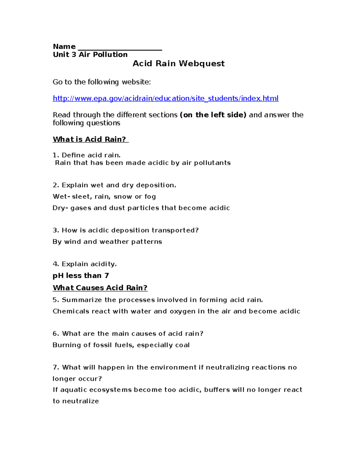 Acid Rain Webquest Answers - Name ________________________ Unit 3 Air ...