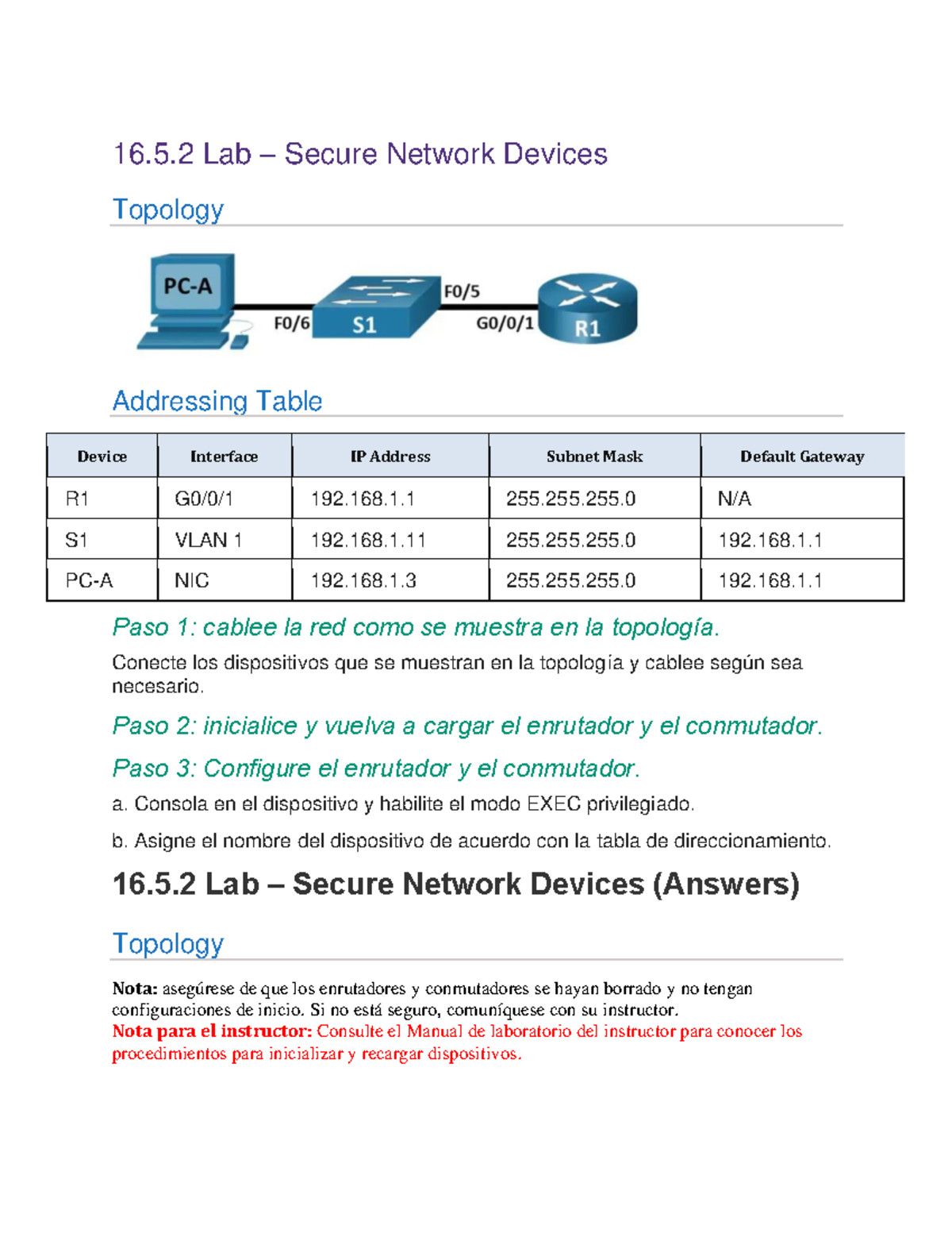 Documento DE Apoyo LAB 16.5.1 Universidad del valle - 16.5 Lab – Secure Network Devices Topology ...