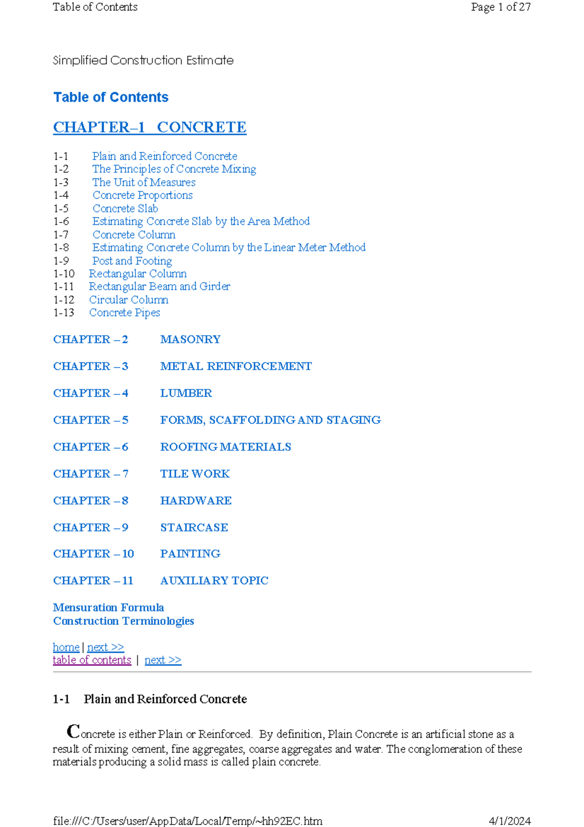 SOMEWAHT IMPORTANT - Table of Contents CHAPTER– 1 CONCRETE 1 - 1 Plain ...