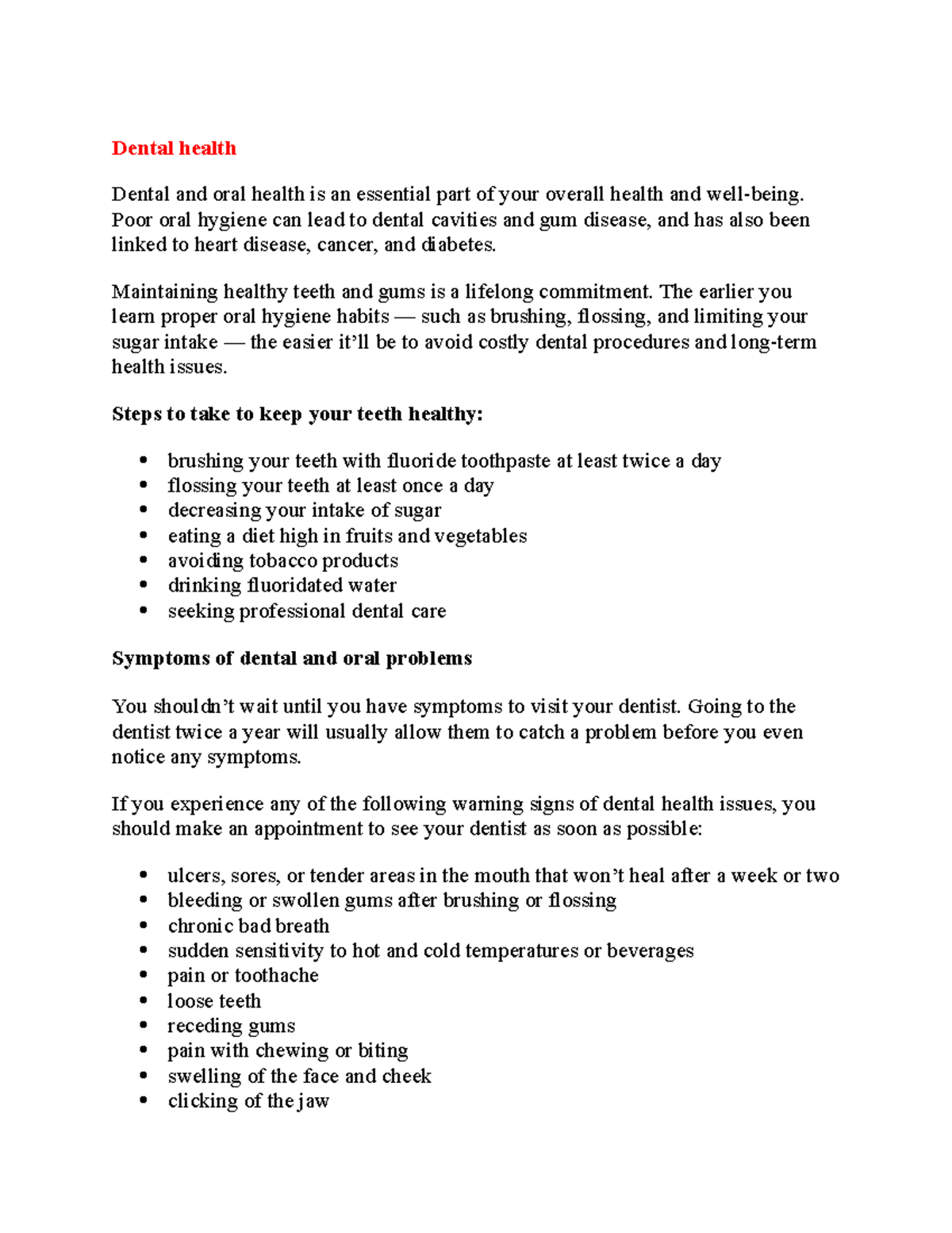 Dental health - notes - Dental health Dental and oral health is an ...