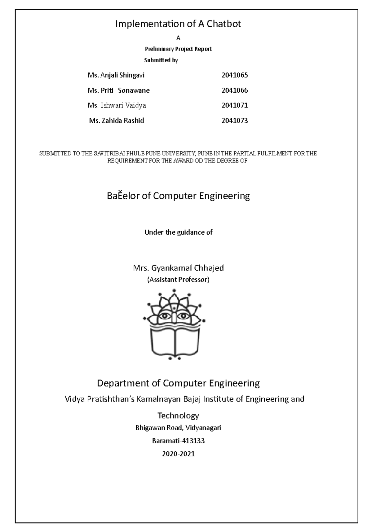 BE Final Report final reprt - Implementation of A Chatbot A Preliminary ...