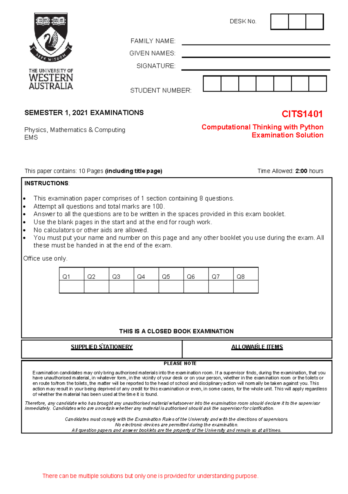 CITS1401 Final exam S1 2021 Solution LMS - DESK No. FAMILY NAME: GIVEN ...